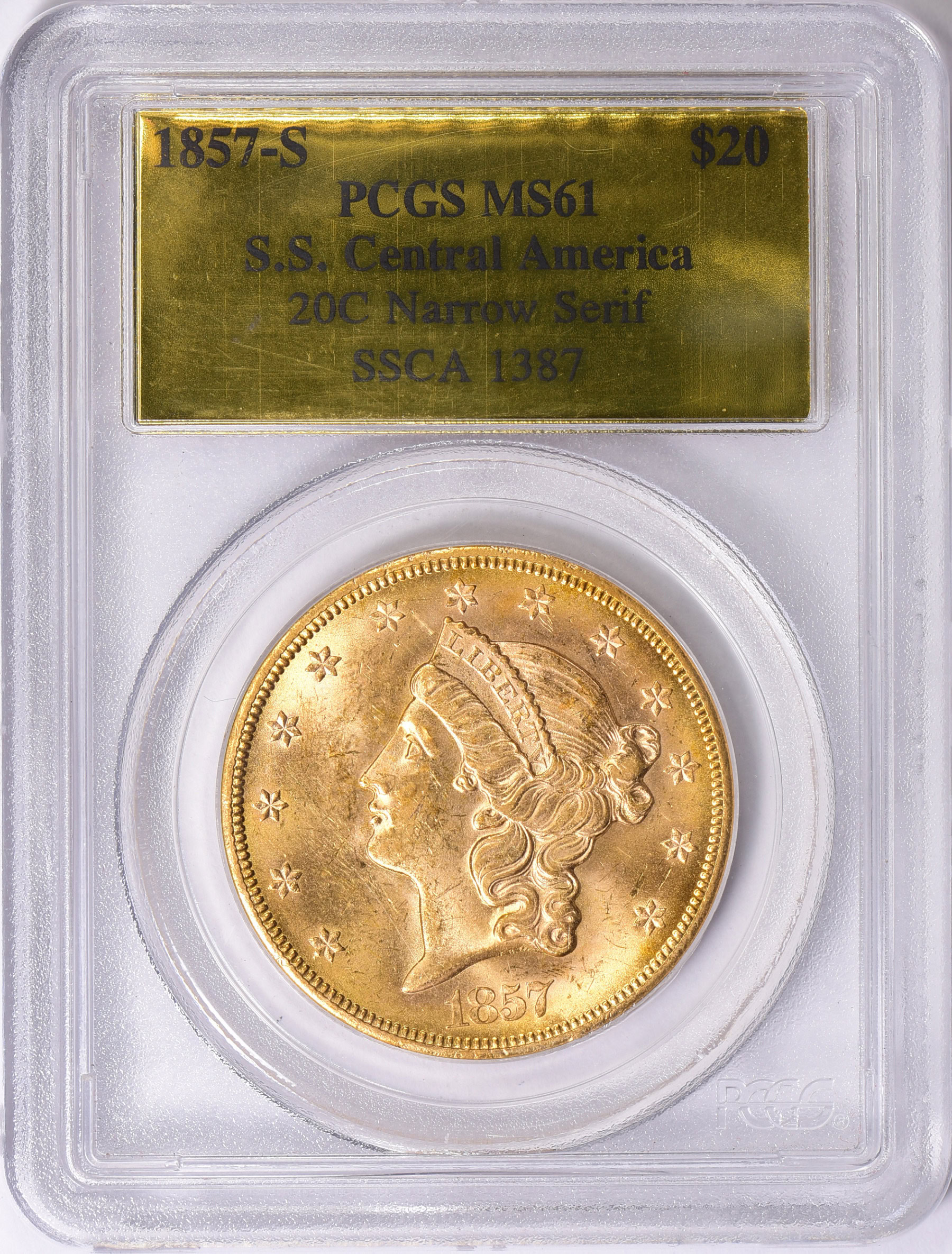 1857-S Liberty Gold Double Eagle Narrow Serif SS Central America Shipwreck PCGS MS-61 (Gold Foil ...