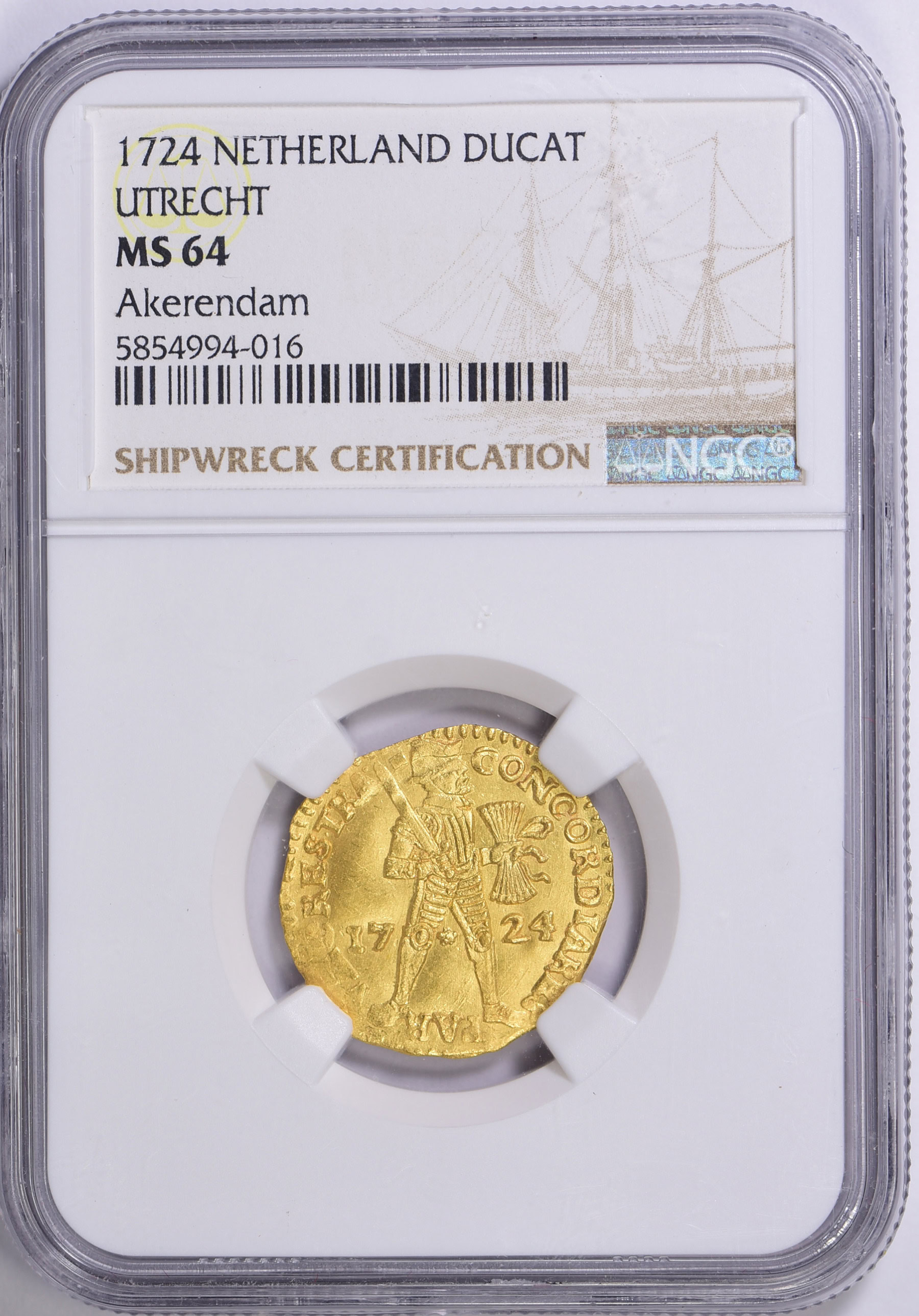 Netherlands - Utrecht 1724 Gold Ducat KM-7.4 NGC MS-64 (Akerendam Shipwreck) (AGW = 0.1113 oz ...