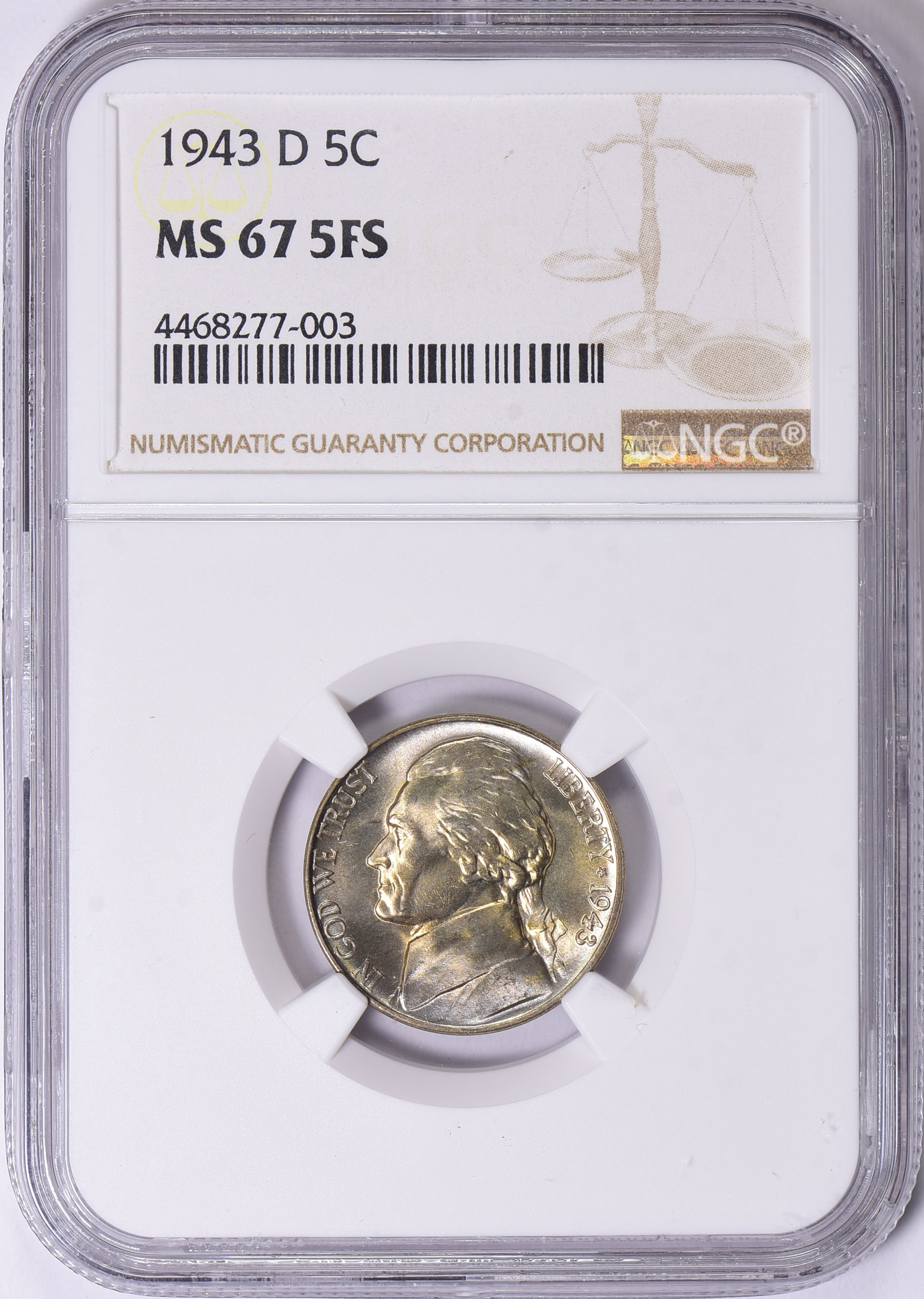 1943-D Jefferson Nickel NGC MS-67 5FS (Toned) (Item 1593498) | GreatCollections Coin Auctions