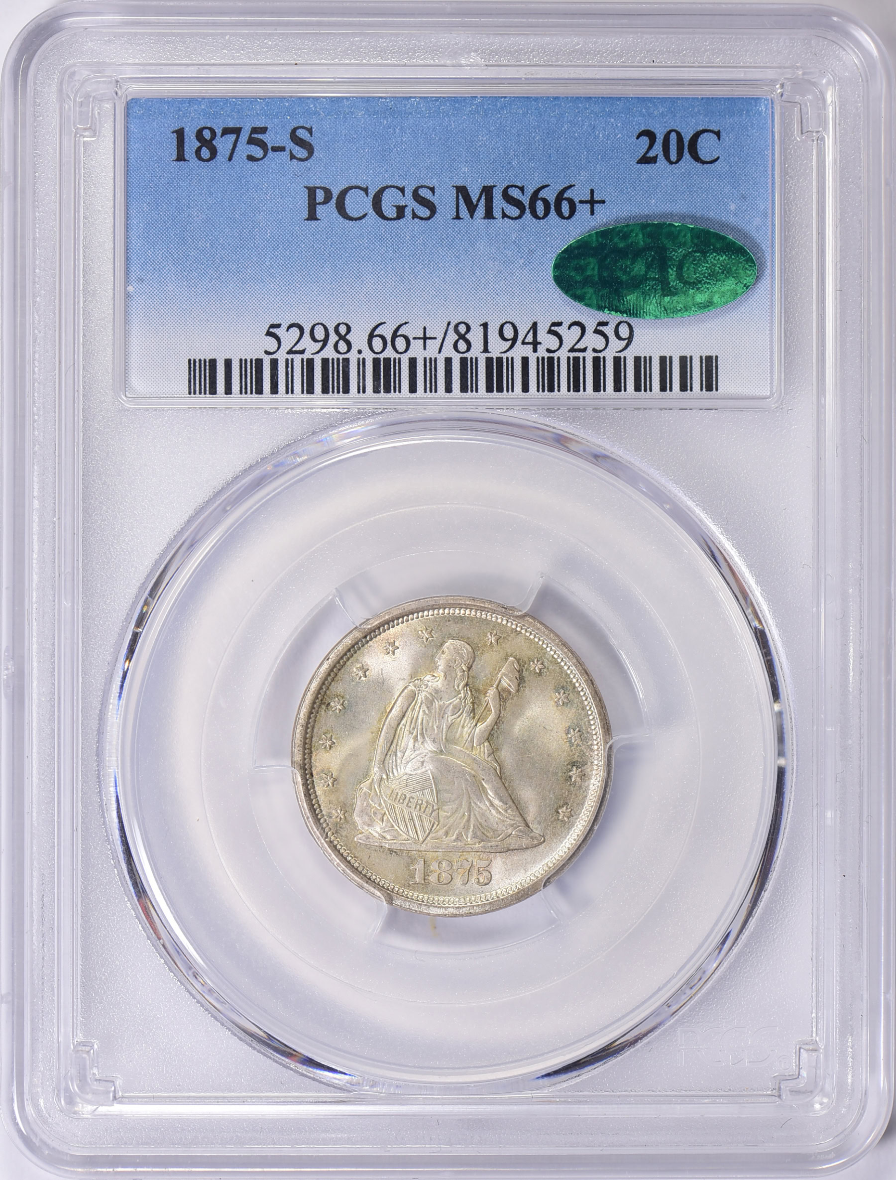 1875-S Twenty-Cent Piece PCGS MS-66+ (CAC Green) (Toned) (Item 1594043) | GreatCollections Coin ...