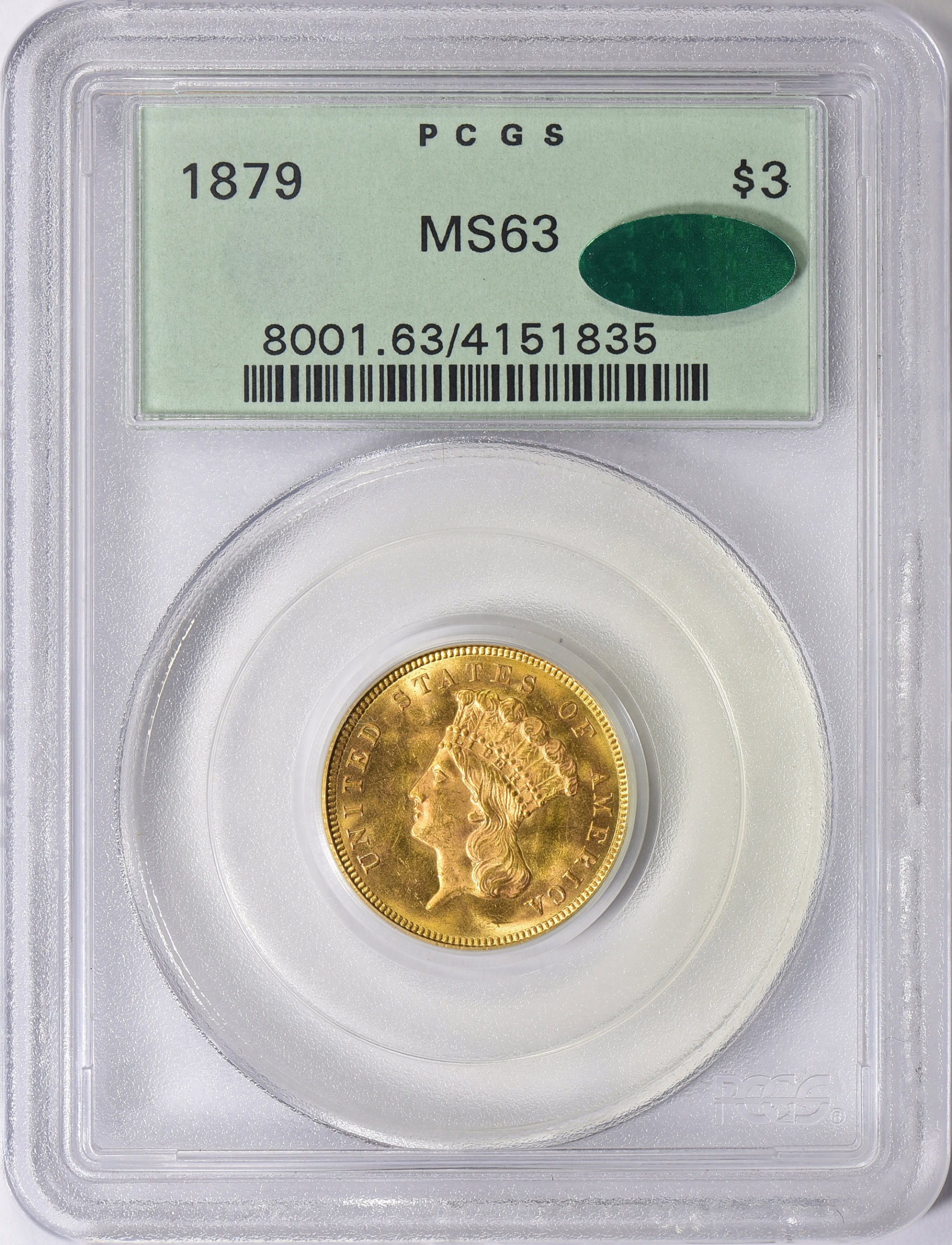 1879 Three-Dollar Gold Piece PCGS MS-63 (CAC Green) (Item 1594544 ...