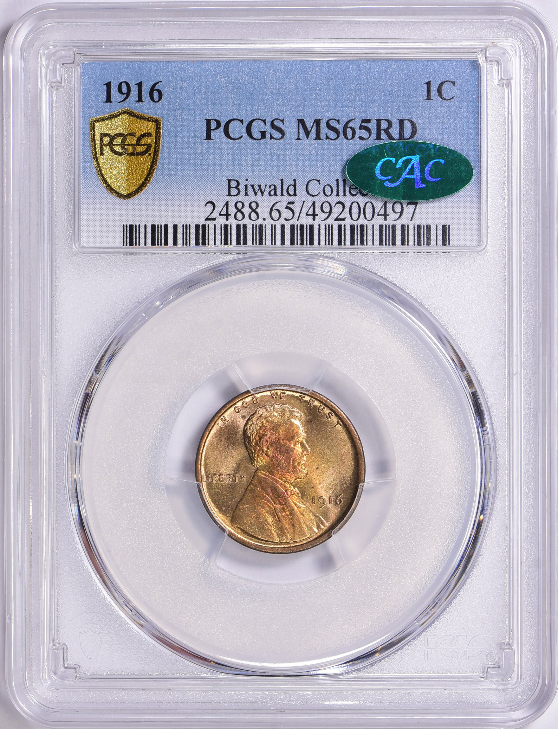 1916 Lincoln Cent PCGS MS-65 RD (CAC Green) (Biwald Collection) (Toned ...