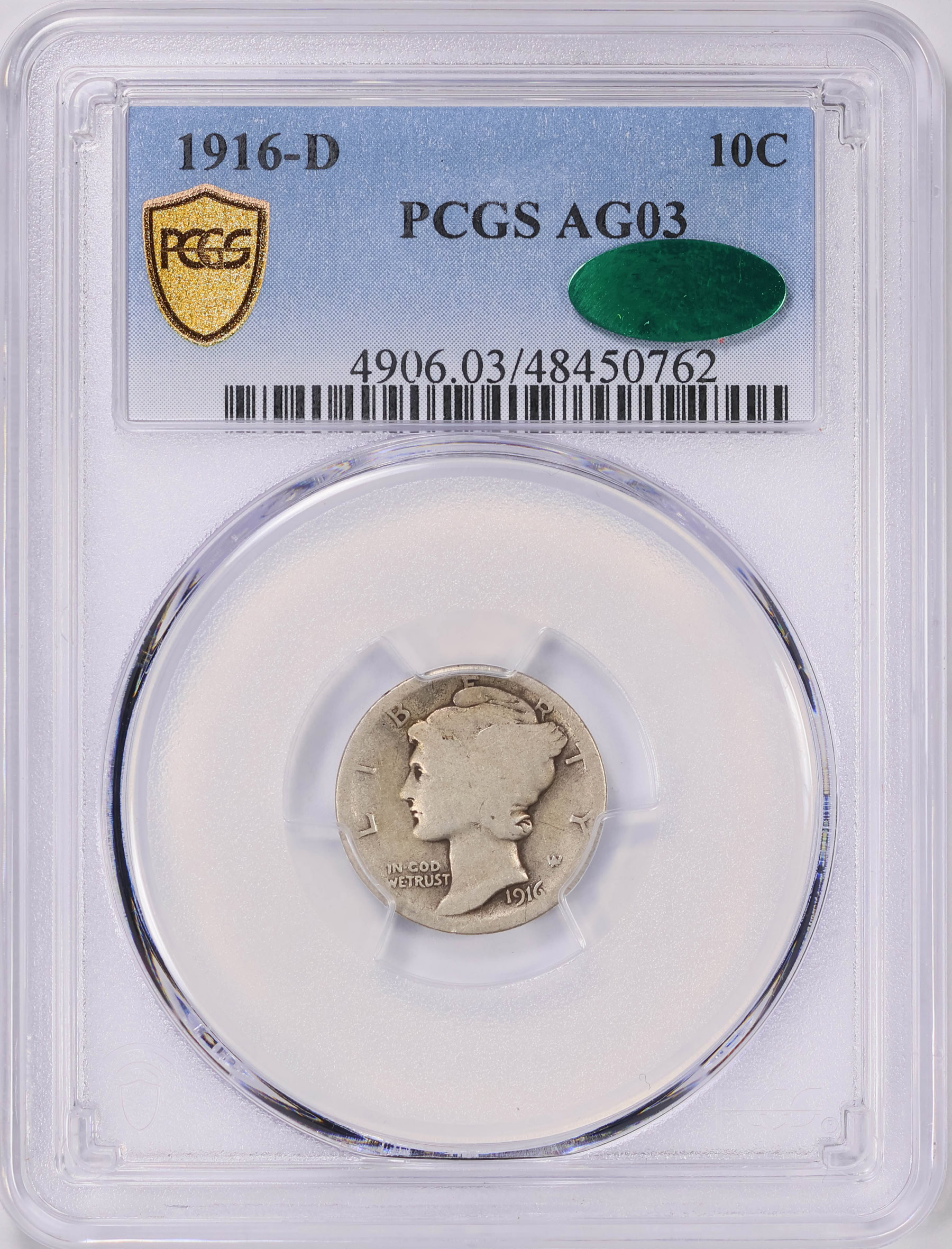 1916-D Mercury Dime PCGS AG-3 (CAC Green) (Item 1597147) | GreatCollections Coin Auctions