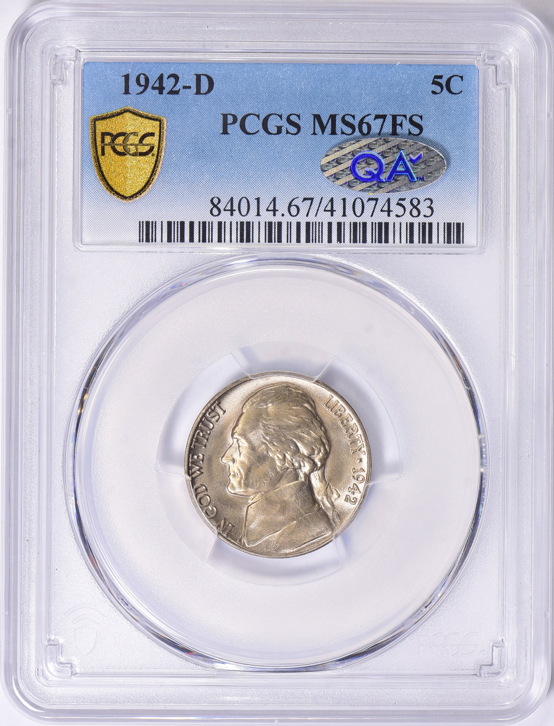 1942-D Jefferson Nickel Type 1 PCGS MS-67 FS (QA) (Item 1599227) | GreatCollections Coin Auctions