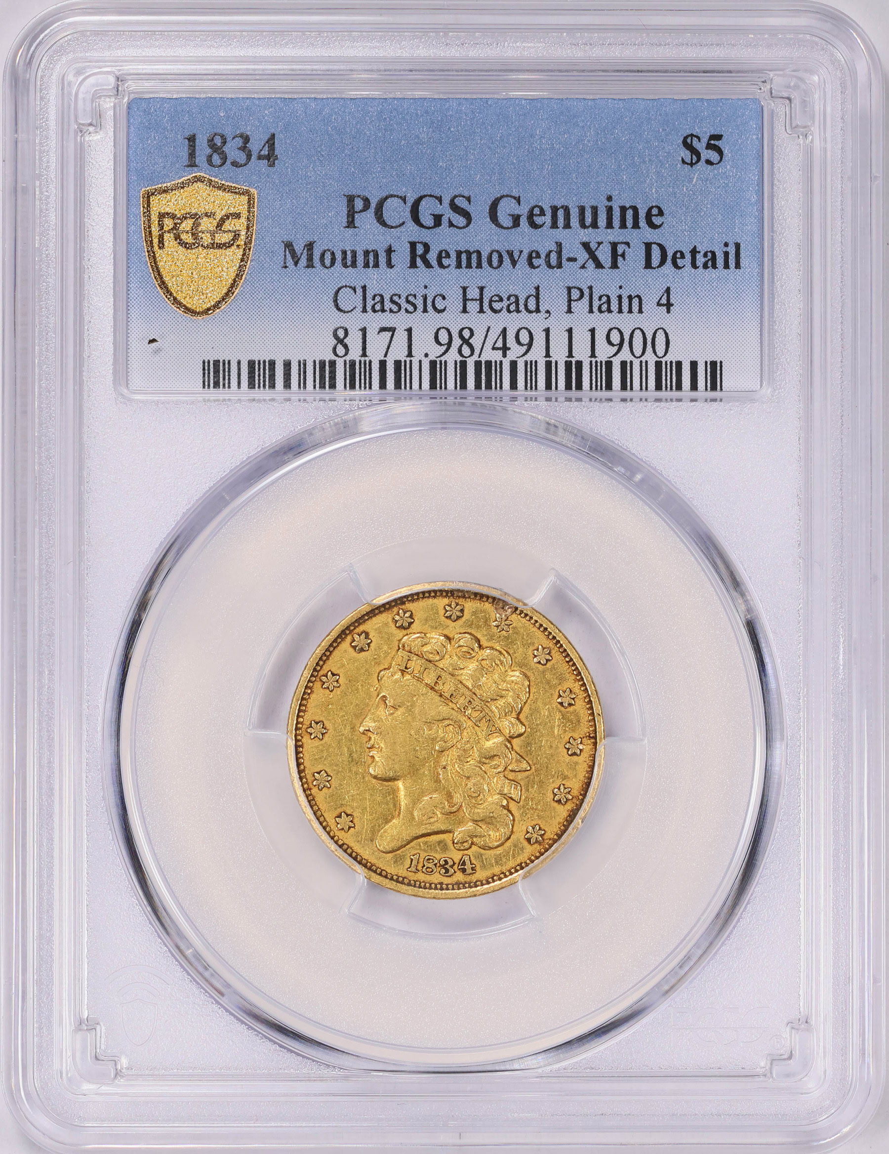 1834 Classic Head Gold Half Eagle Plain 4 PCGS Genuine XF Details (Item ...
