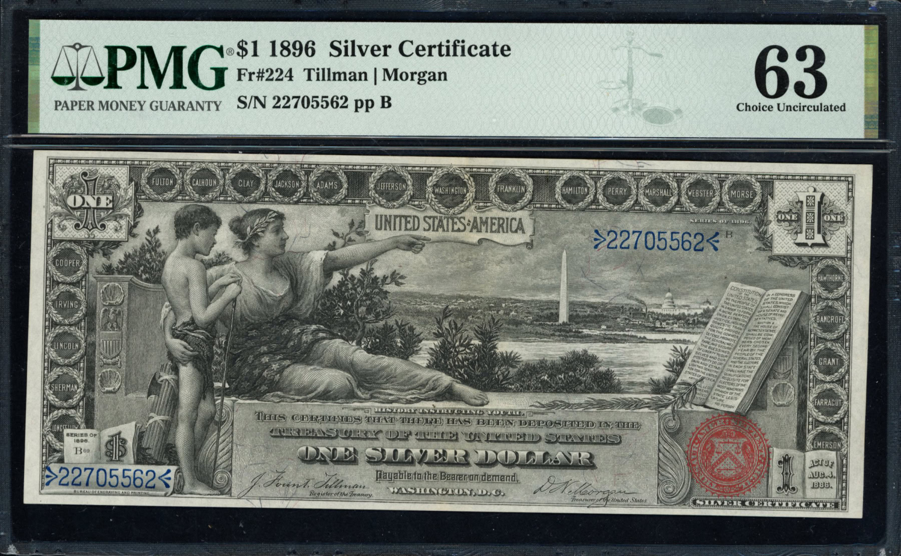 Fr. 224 1896 $1 Silver Certificate Note Tillman / Morgan PMG Choice ...