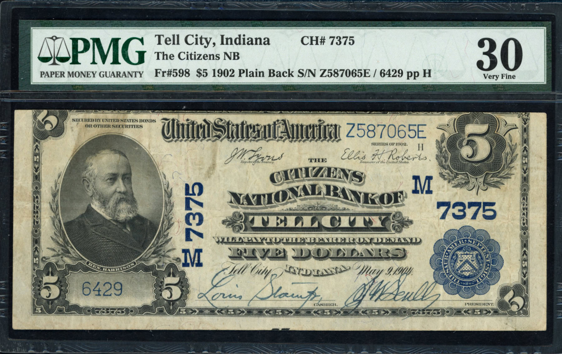 Fr. 598 Tell City, Indiana 1902 The Citizens National Bank $5 Plain ...