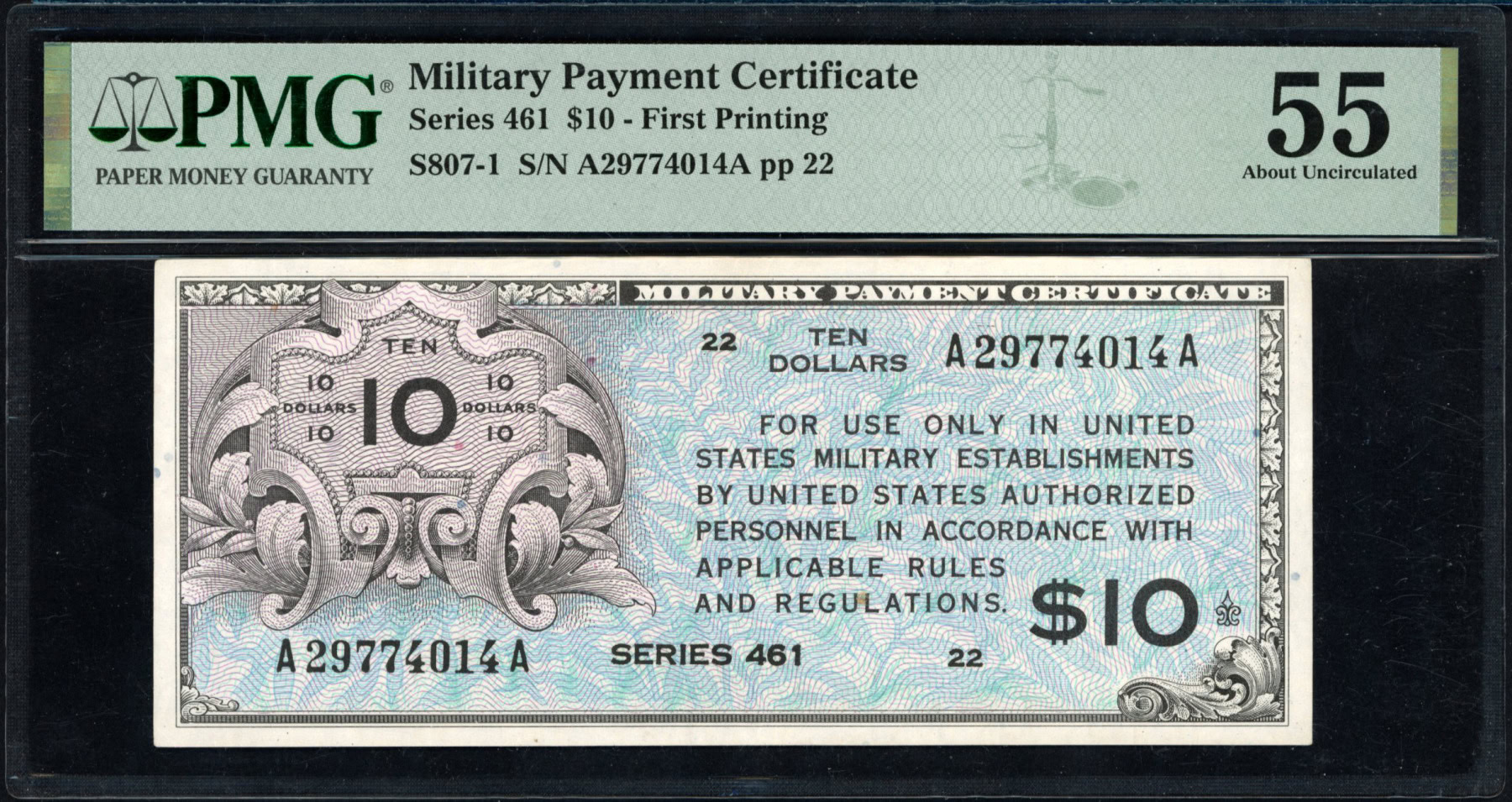 Series 461 $10 Military Payment Certificate Note First Printing PMG ...