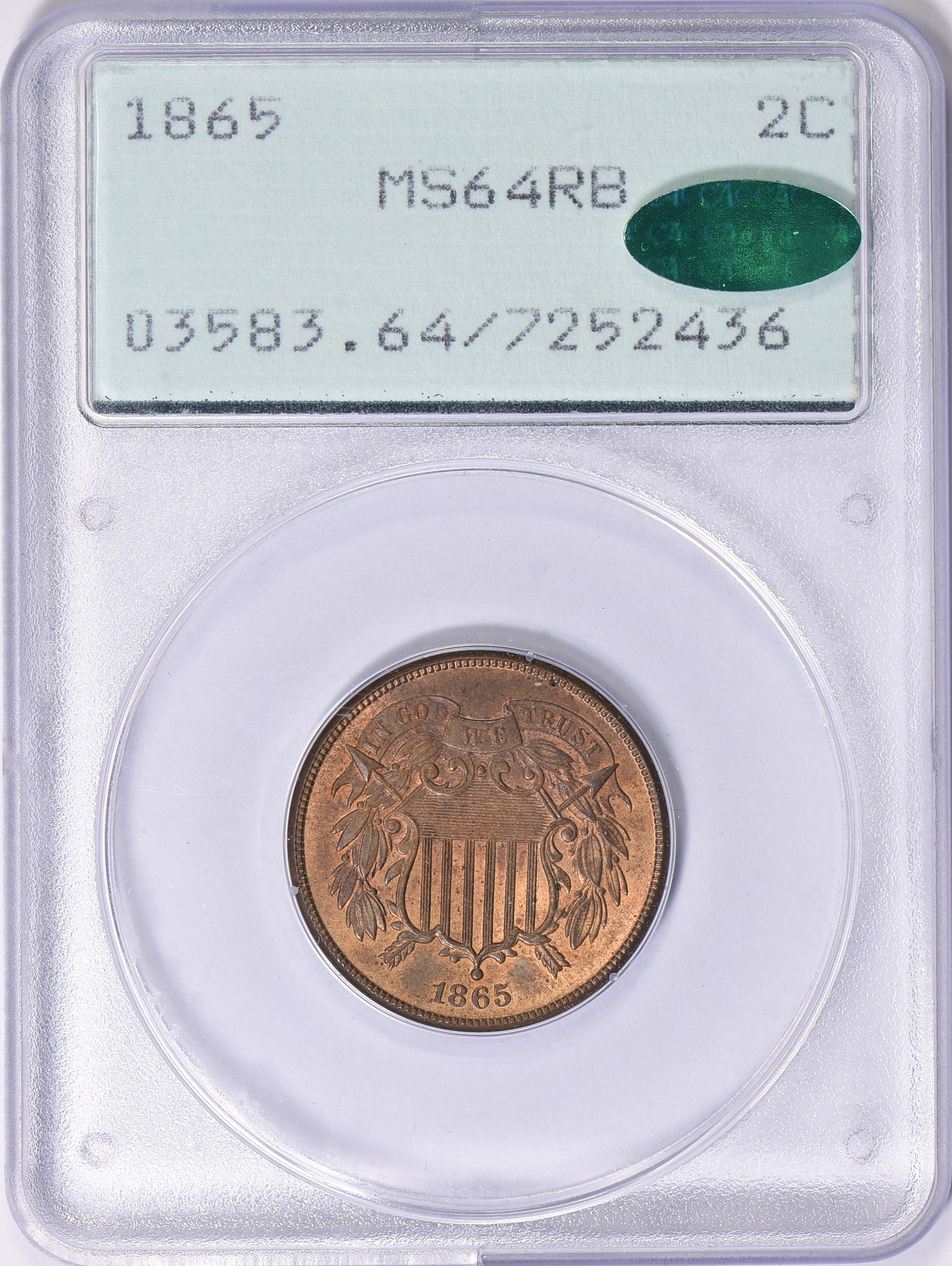 1865 Two-Cent Piece PCGS MS-64 RB (CAC Green) OGH (1st Gen) (Item 1603465) | GreatCollections ...