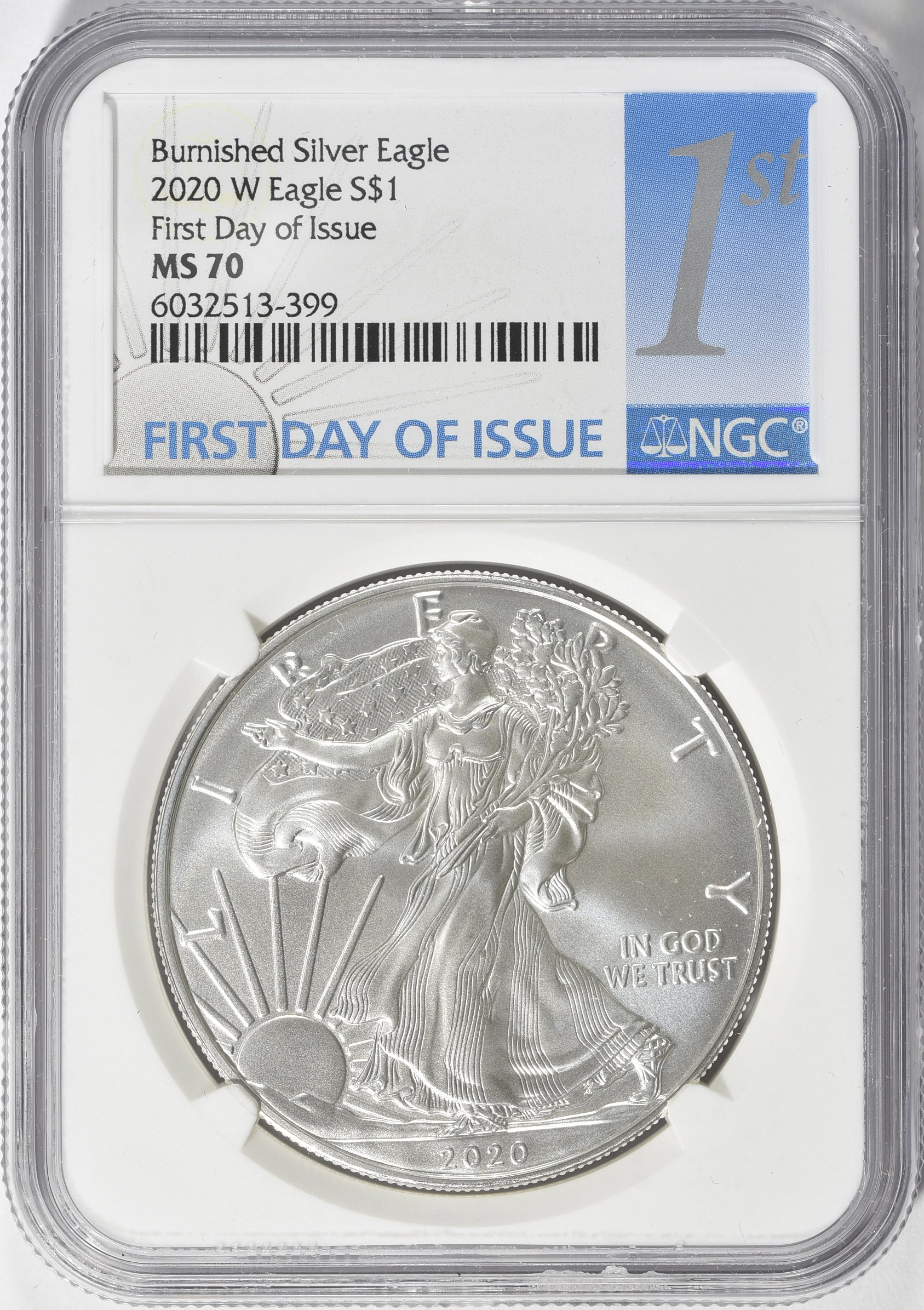 2020-W $1 Silver Eagle Burnished First Day of Issue NGC MS-70 (Item 1605300) | GreatCollections ...