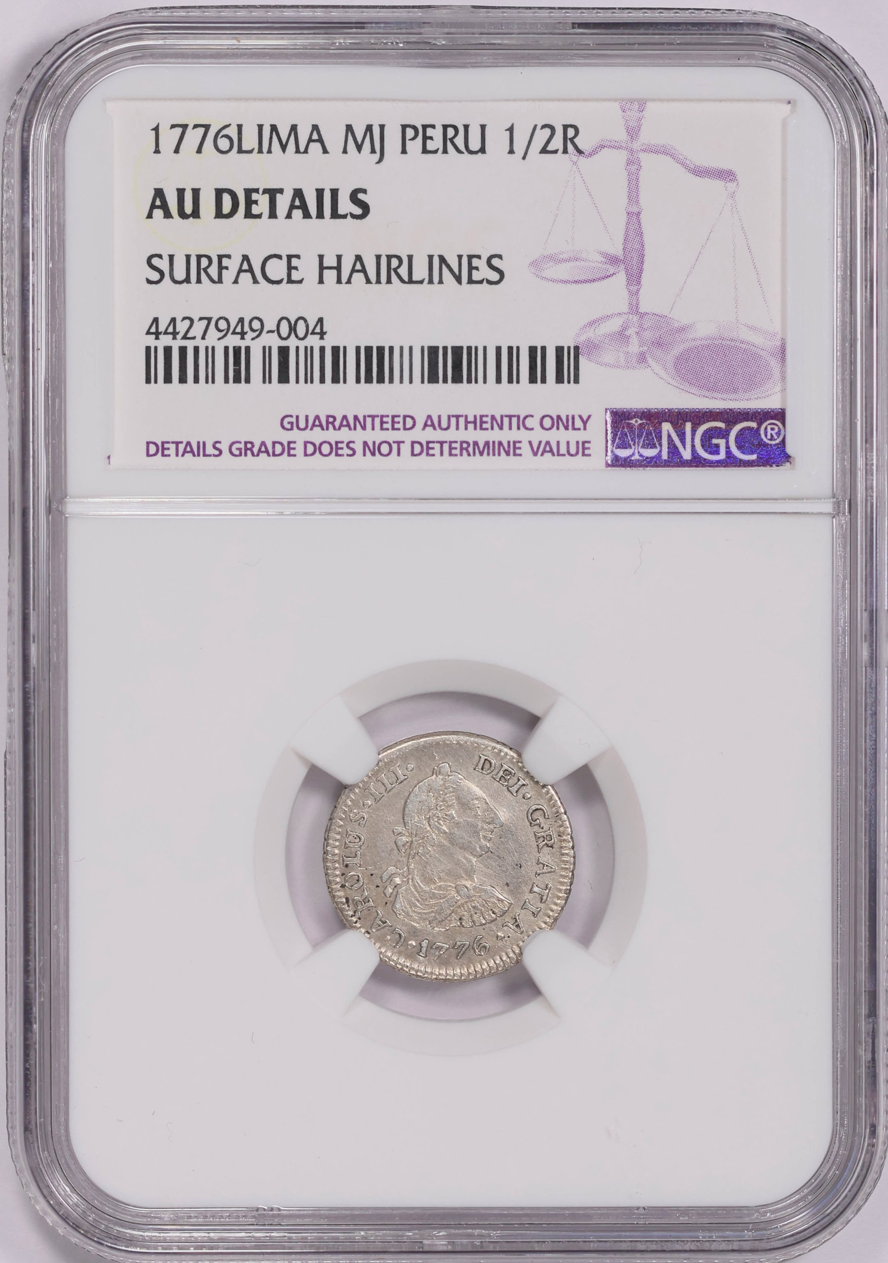 Peru 1776-LM MJ Silver 1/2 Real KM-74 NGC AU Details (Item 1605642) | GreatCollections Coin Auctions