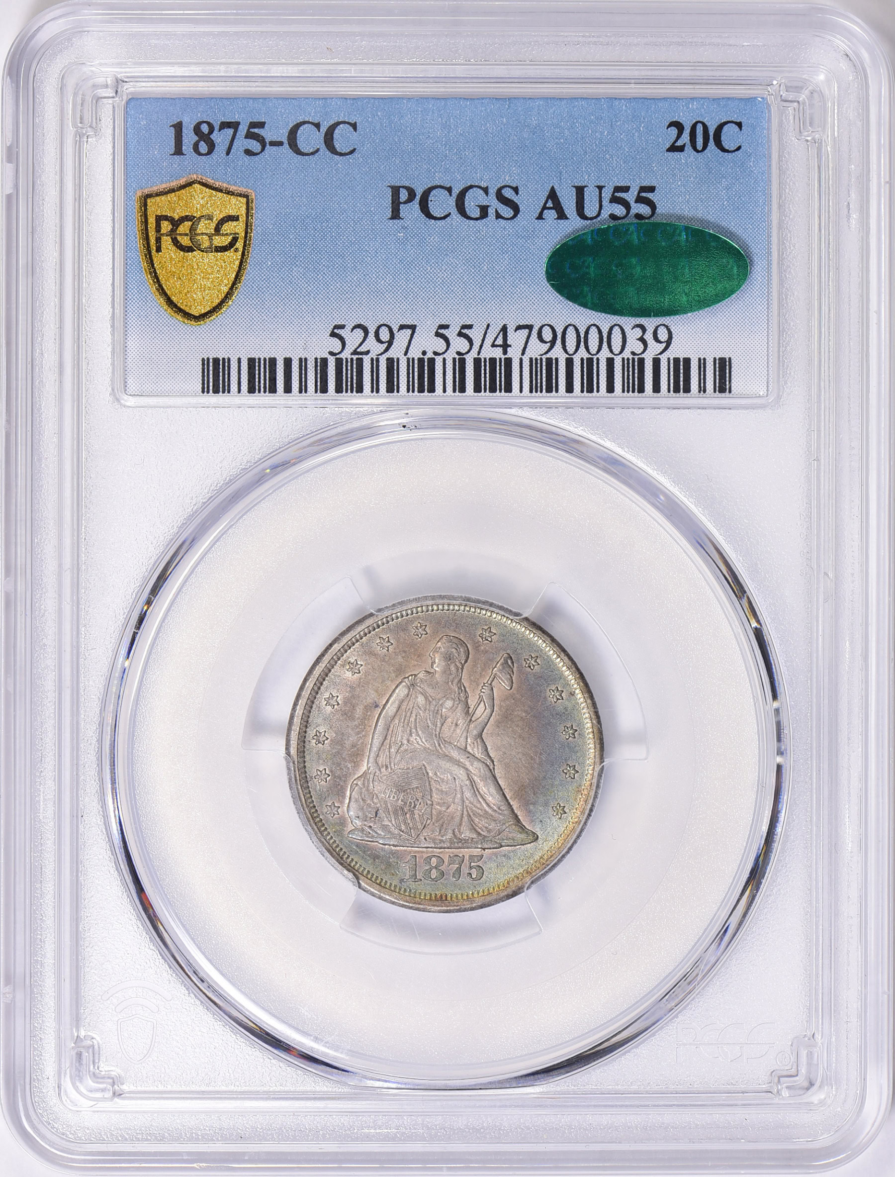 1875-CC Twenty-Cent Piece PCGS AU-55 (CAC Green) (Toned) (Item 1606260) | GreatCollections Coin ...