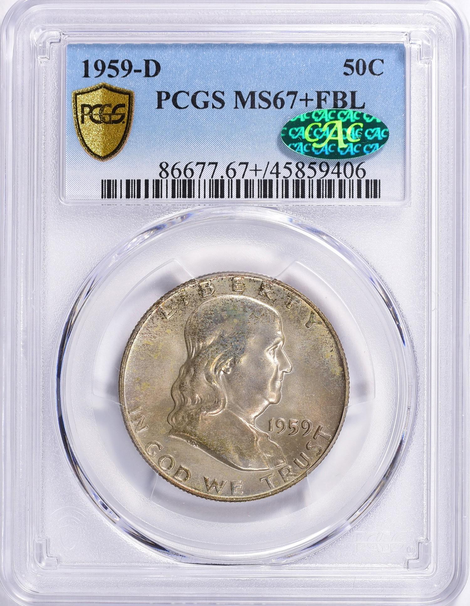 1959-D Franklin Half Dollar PCGS MS-67+ FBL (CAC Green) (Toned) (Item 1607056 ...
