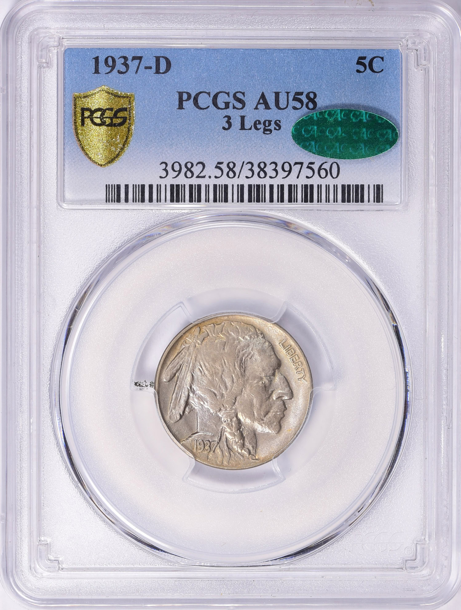 1937-D Buffalo Nickel 3 Legged PCGS AU-58 (CAC Green) (Toned) (Item 1607271) | GreatCollections ...