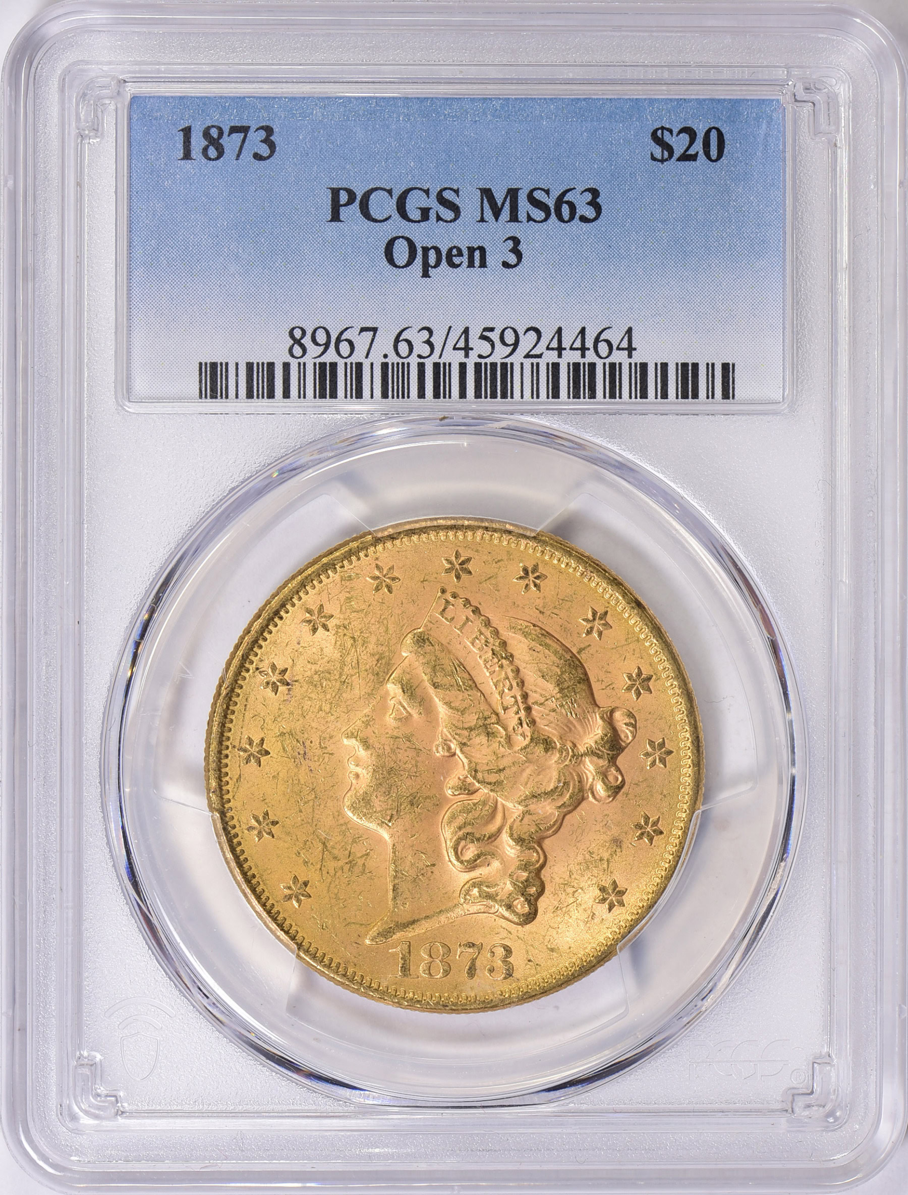 1873 Liberty Gold Double Eagle Open 3 PCGS MS-63 (Item 1607902) | GreatCollections Coin Auctions