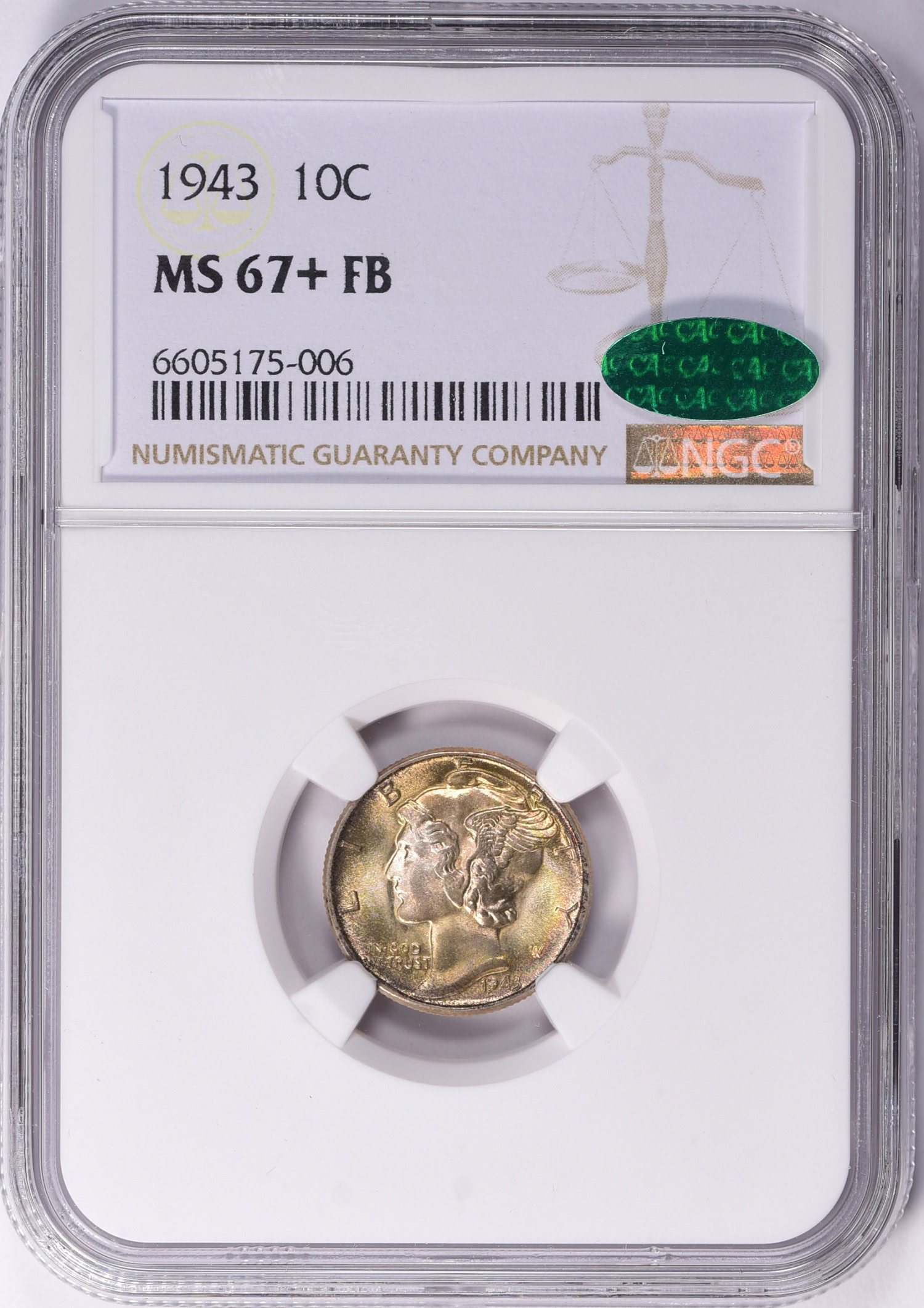 1943 Mercury Dime NGC MS-67+ FB (CAC Green) (Toned) (Item 1609035) | GreatCollections Coin Auctions