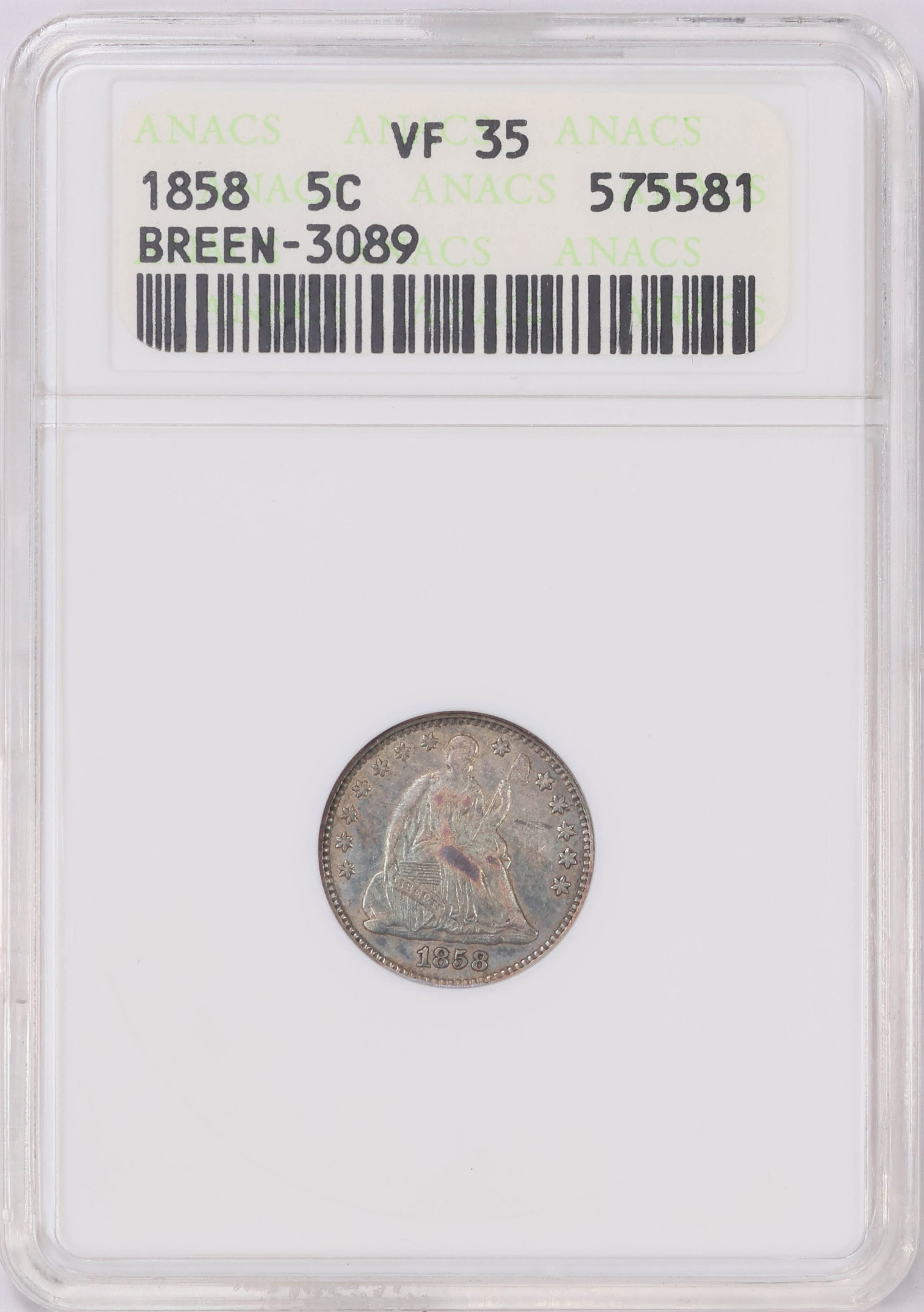 1858 Seated Liberty Half Dime Breen-3089 ANACS VF-35 OH (Toned) (Item 1609654 ...