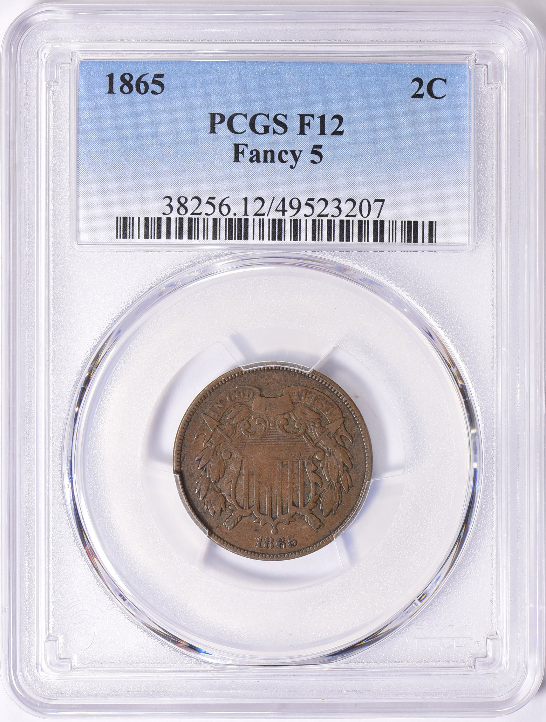 1865 Two-Cent Piece Fancy 5 PCGS F-12 BN (Item 1610695) | GreatCollections Coin Auctions