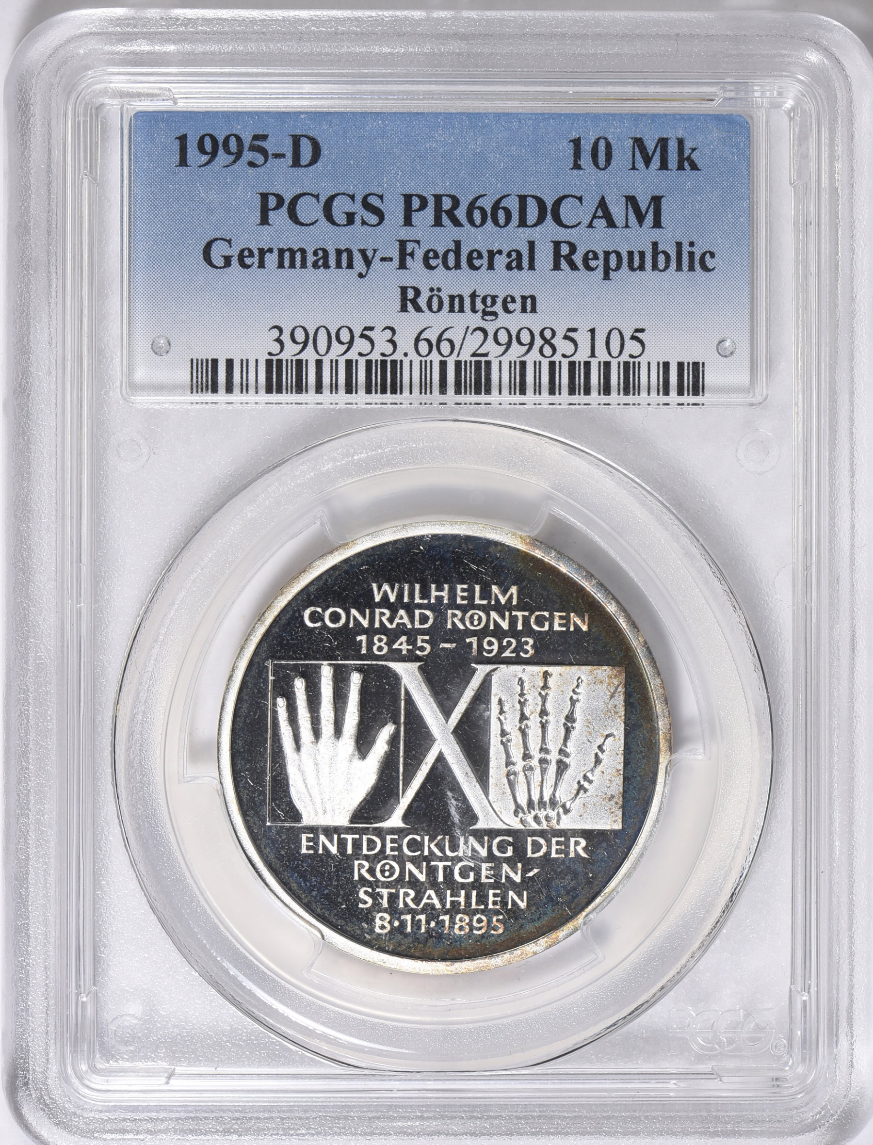 Germany 1995-D Silver 10 Marks Birth of Wilhelm Conrad Röntgen 100th ...