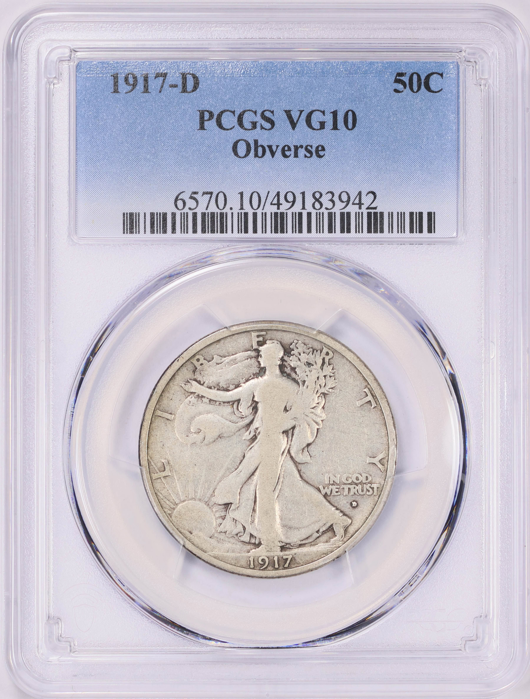 1917-D Walking Liberty Half Dollar Obverse Mintmark PCGS VG-10 (Item 1611596) | GreatCollections ...