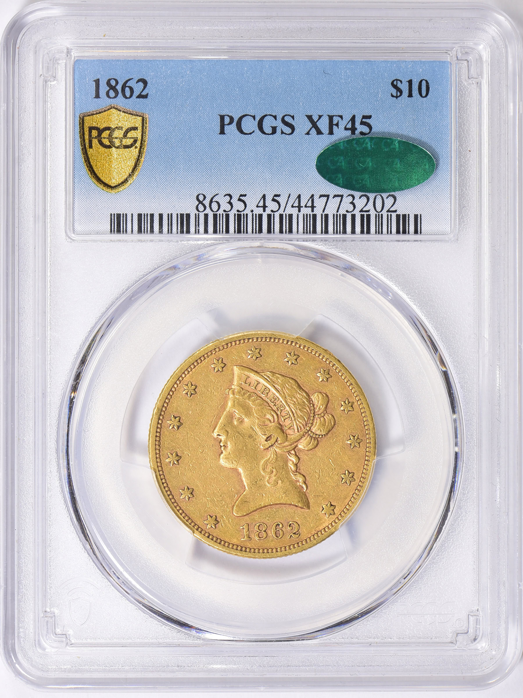1862 Liberty Gold Eagle PCGS XF-45 (CAC Green) (Item 1611739) | GreatCollections Coin Auctions