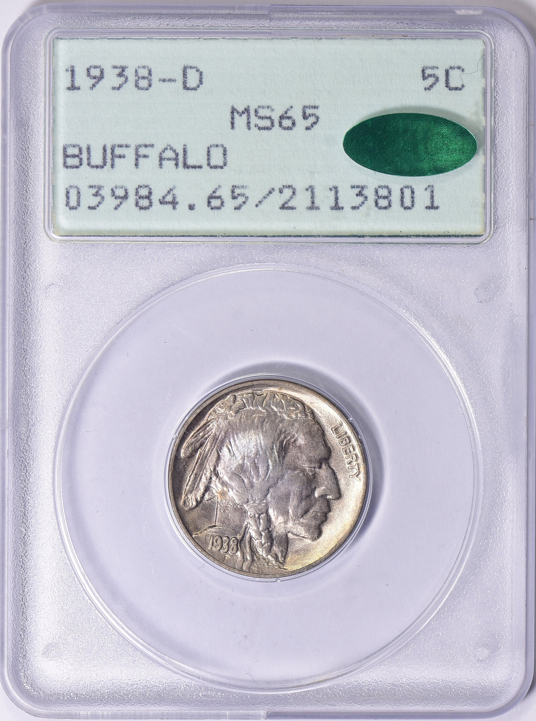 1938-D Buffalo Nickel PCGS MS-65 (CAC Green) OGH (1st Gen) (Toned) (Item 1613148 ...