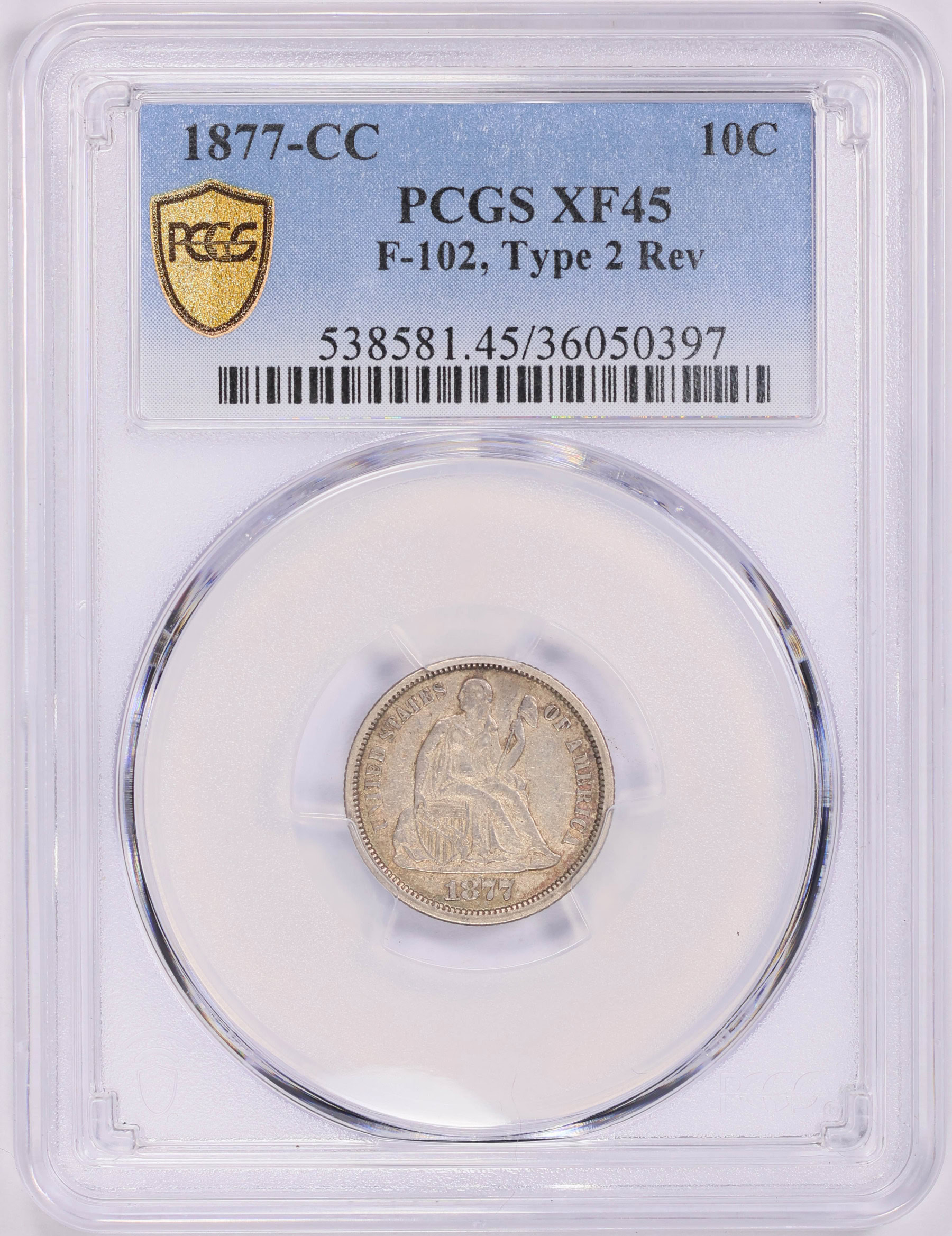 1877-CC Seated Liberty Dime Type 2 Reverse F-102 PCGS XF-45 (Item 1613642) | GreatCollections ...