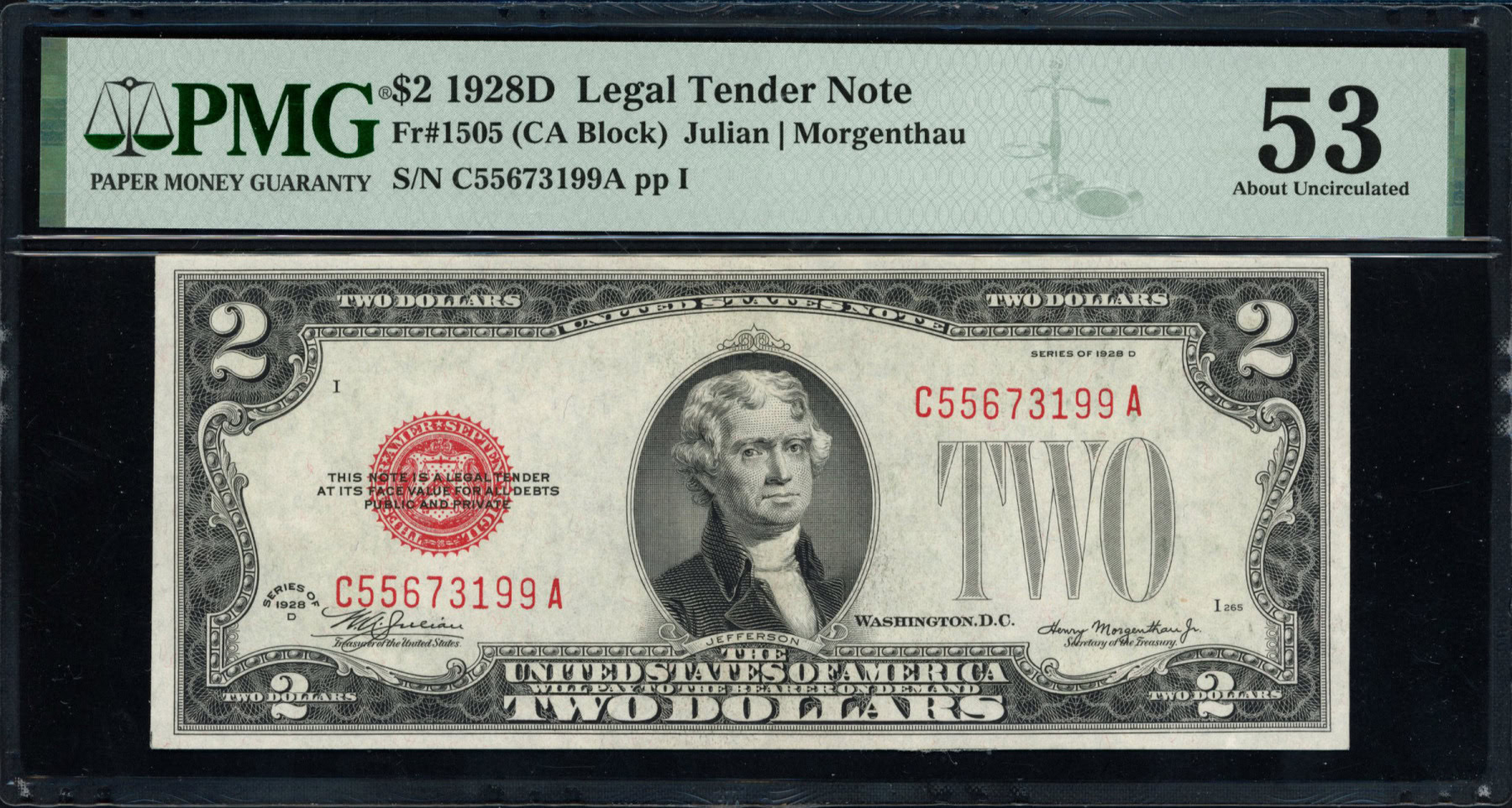 Fr. 1505 (CA Block) 1928D $2 Legal Tender Note Julian / Morgenthau PMG ...
