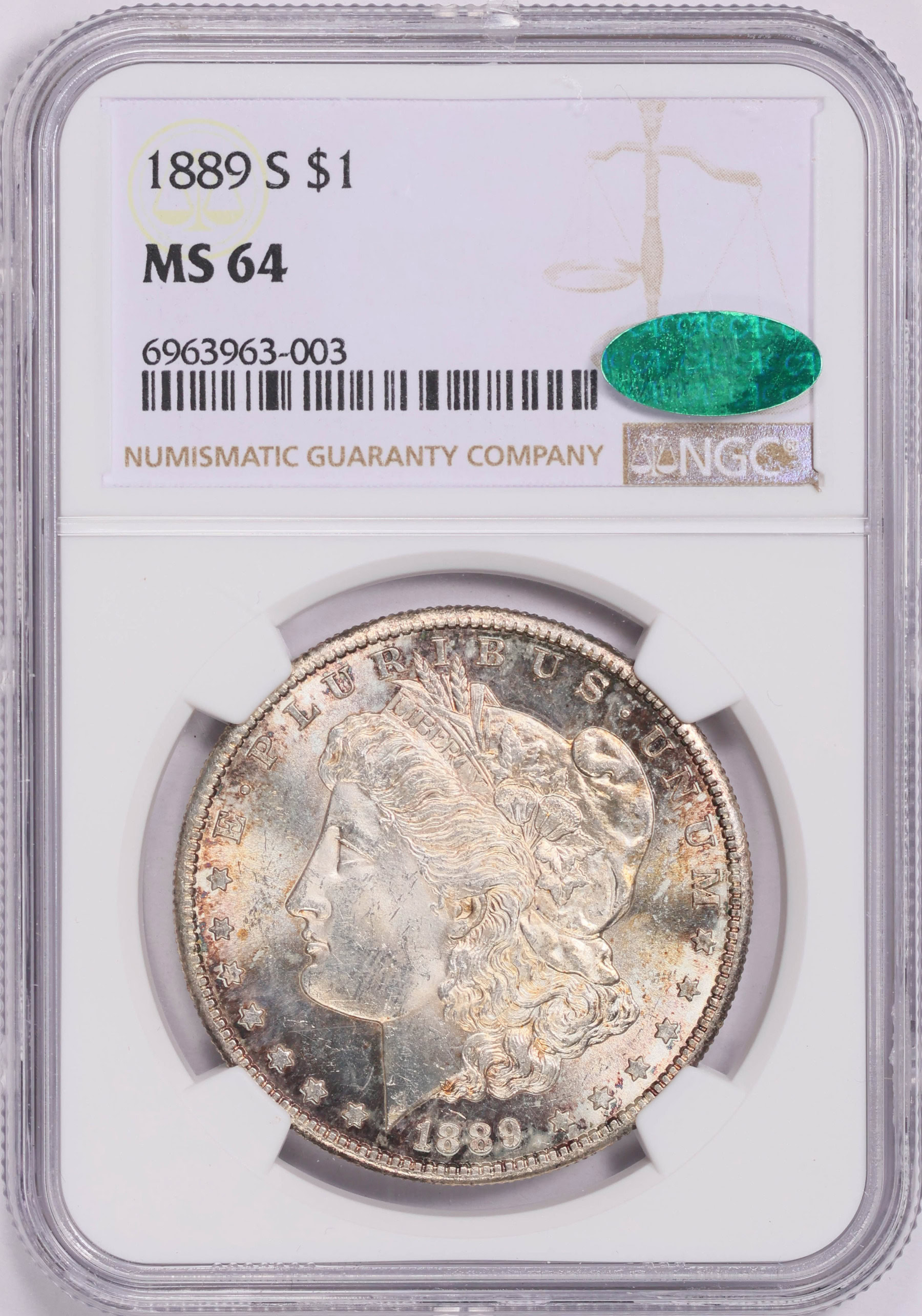 1889-S Morgan Silver Dollar NGC MS-64 (CAC Green) (Toned) (Item 1613975) | GreatCollections Coin ...