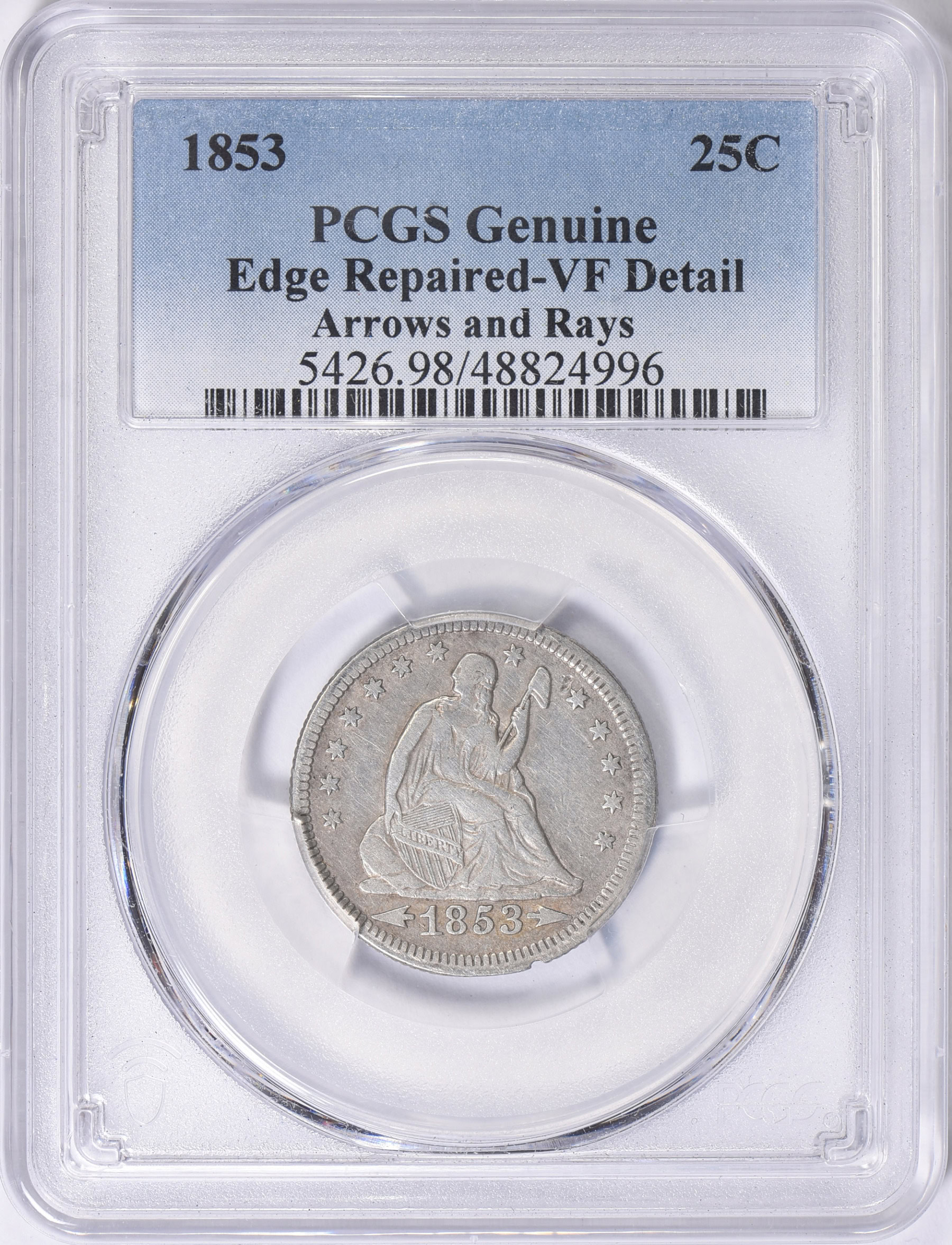 1853 Seated Liberty Quarter Arrows and Rays PCGS Genuine VF Details (Item 1614085 ...