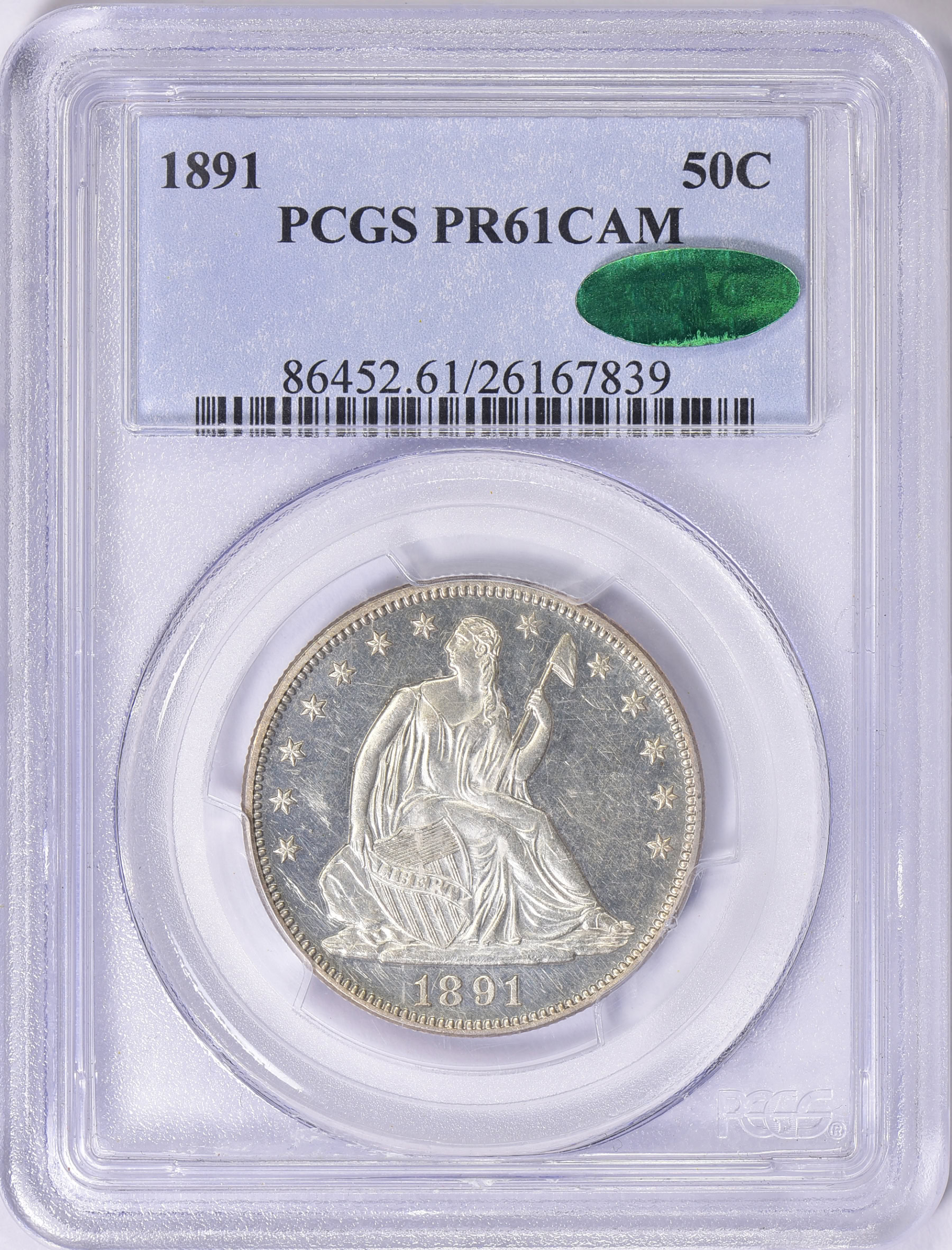 1891 Seated Liberty Half Dollar PCGS Proof-61 CAMEO (CAC Green) (Item ...