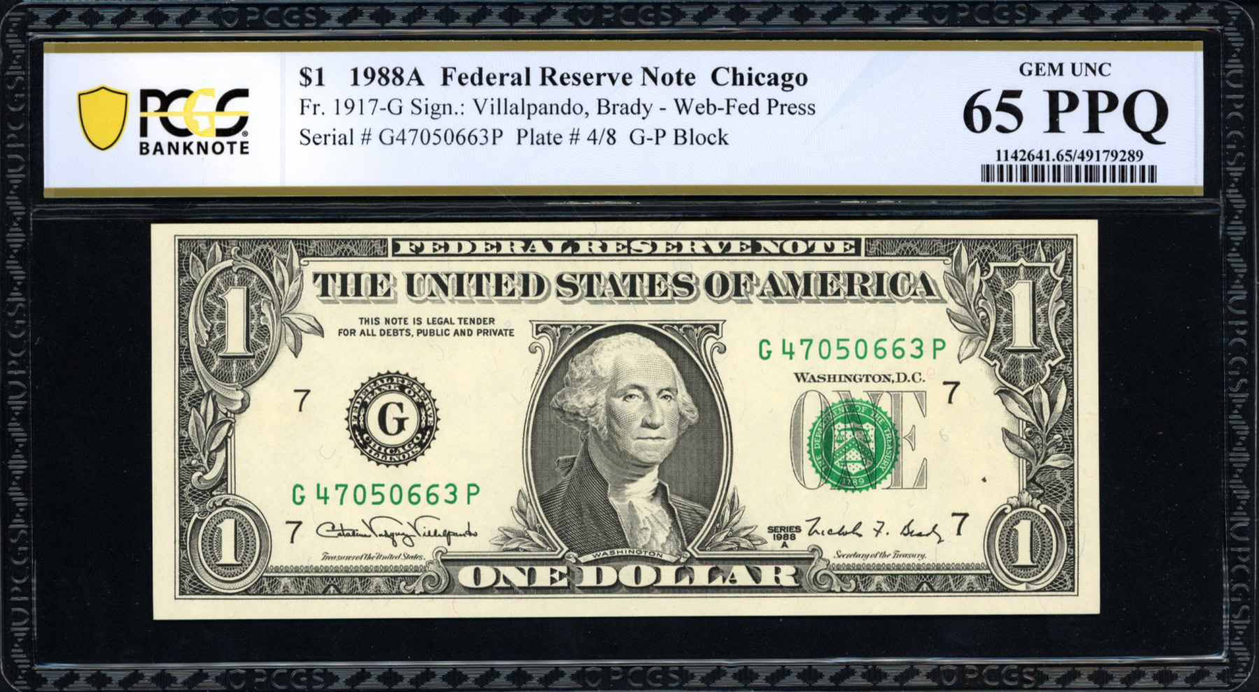 Fr. 1917-G (GP Block) 1988A $1 Chicago Federal Reserve Web Press Note ...