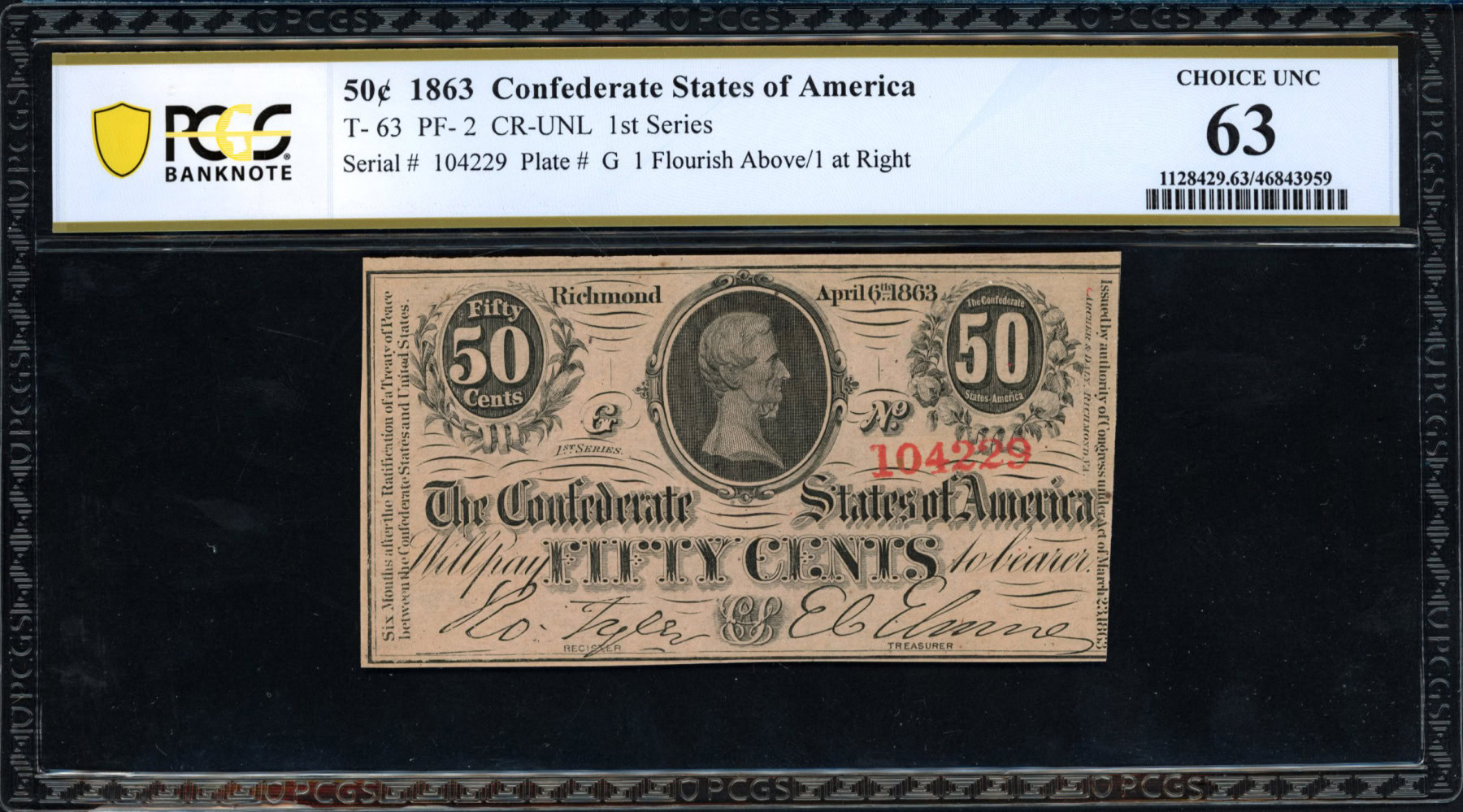 T-63 Confederate States of America 1863 50 Cents Note PCGS Banknote ...