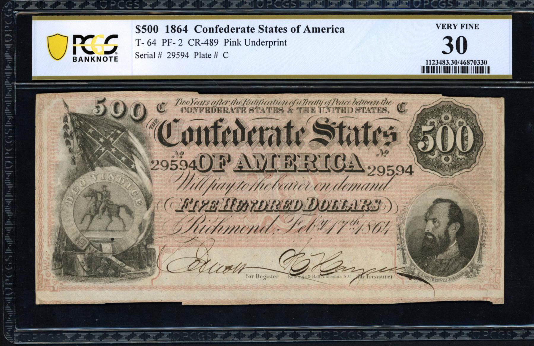 T-64 Confederate States of America 1864 $500 Note PCGS Banknote Very ...