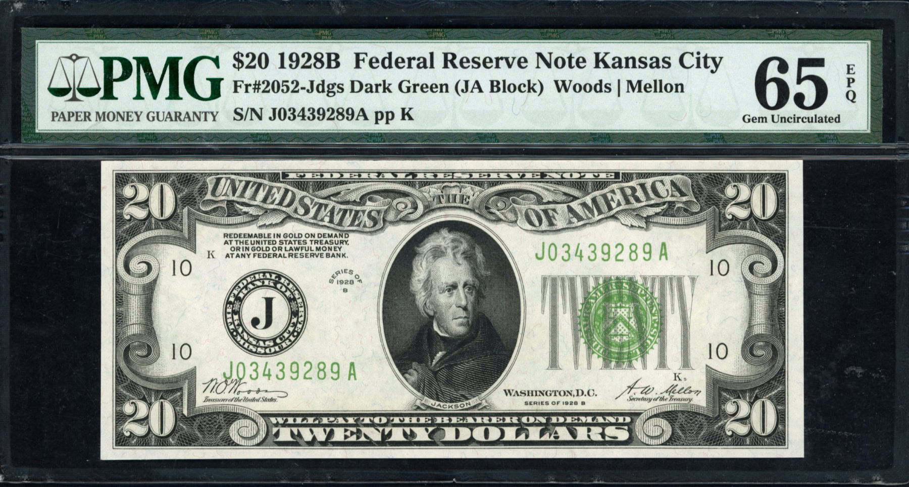 Fr. 2052-Jdgs Dark Green (JA Block) 1928B $20 Kansas City Federal ...