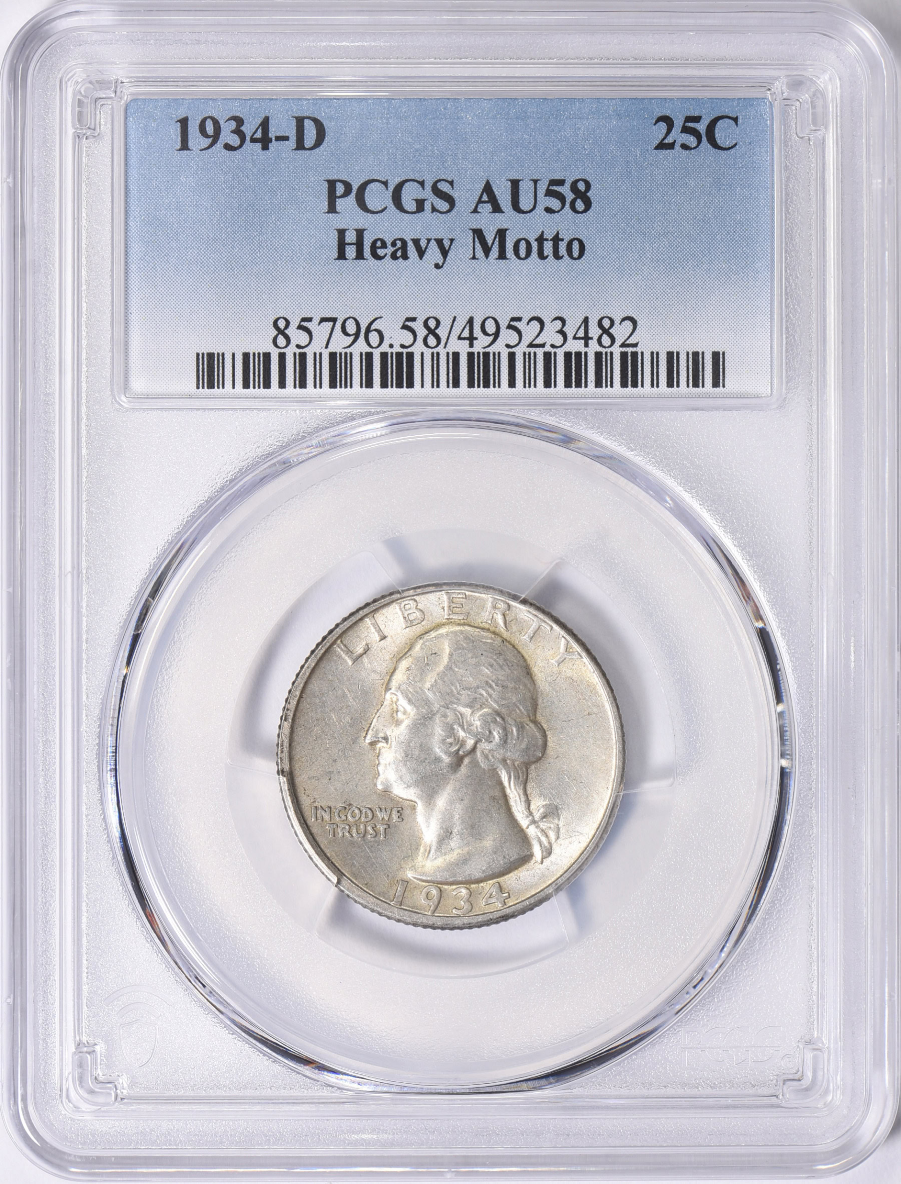 1934-D Washington Quarter Heavy Motto PCGS AU-58 (Item 1615192 ...