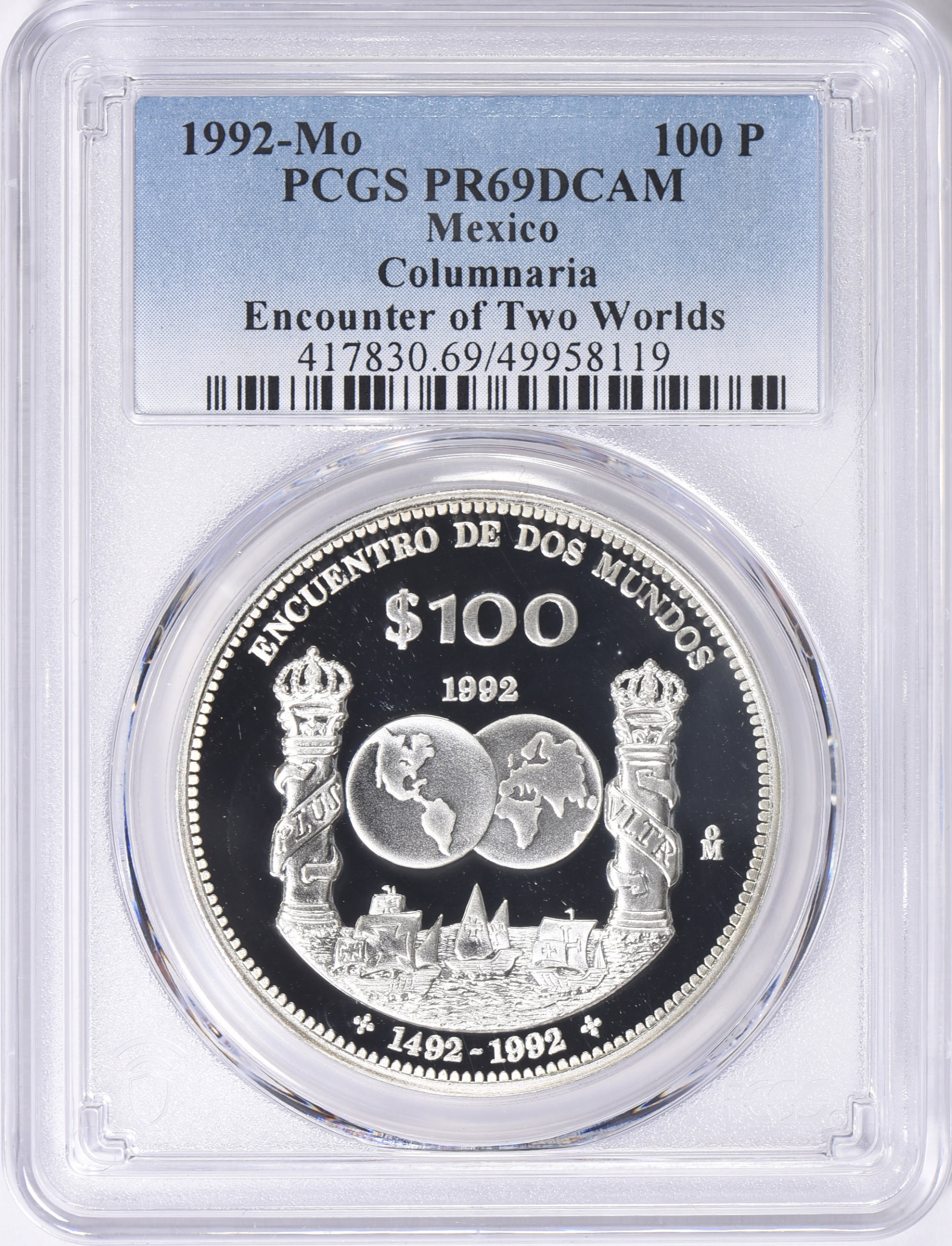Mexico 1992-Mo Silver 100 Pesos Ibero-America KM-540 PCGS Proof-69 DCAM ...