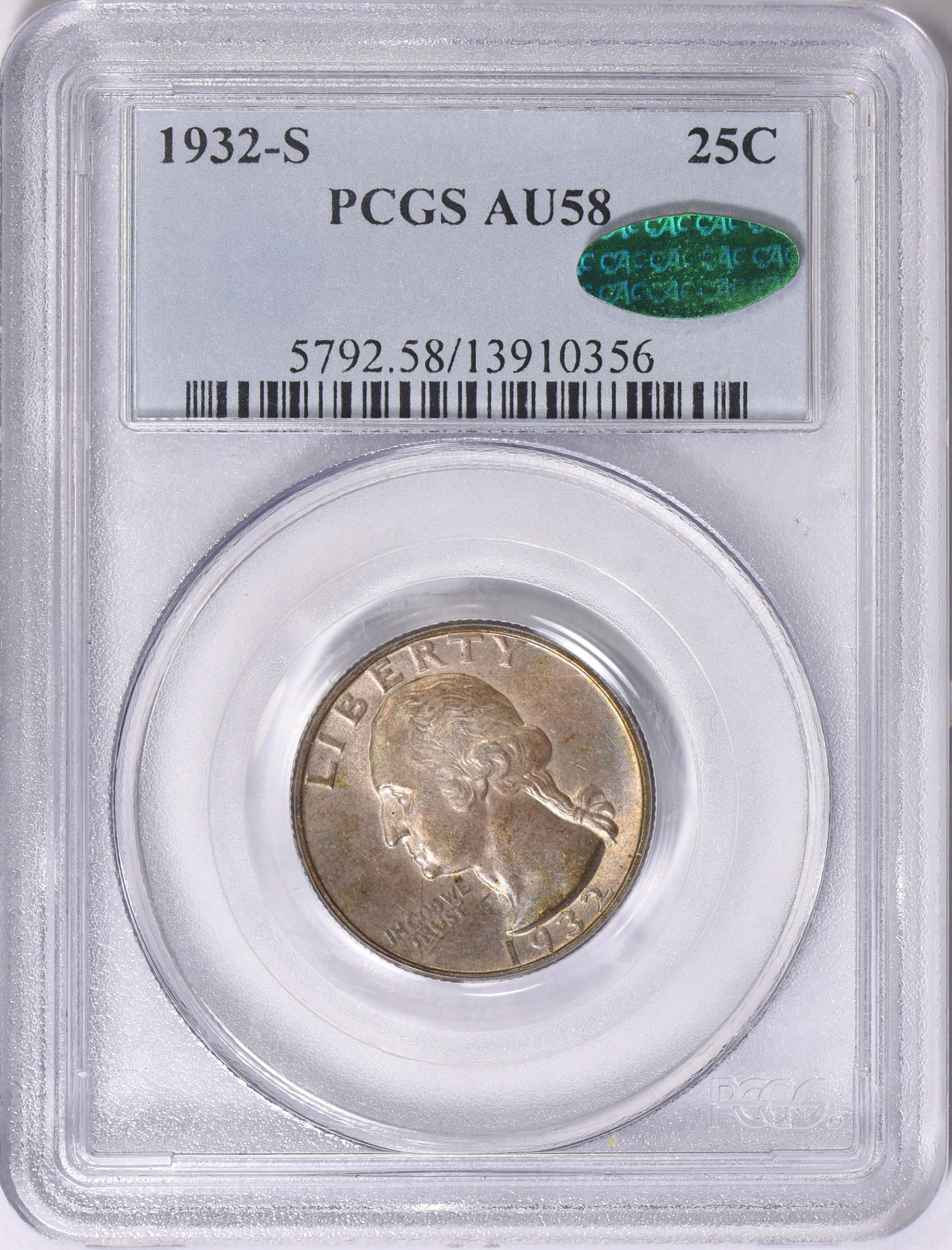 1932-S Washington Quarter PCGS AU-58 (CAC Green) (Toned) (Item 1616092) | GreatCollections Coin ...