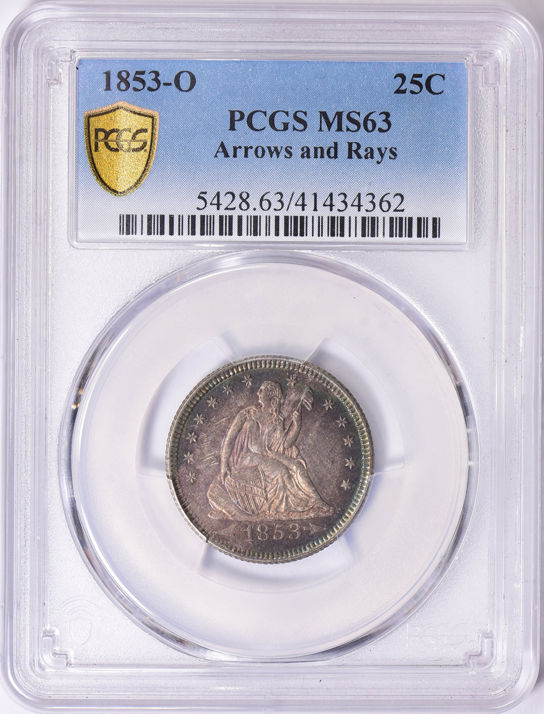 1853-O Seated Liberty Quarter Arrows and Rays PCGS MS-63 (Toned) (Item 1617140 ...