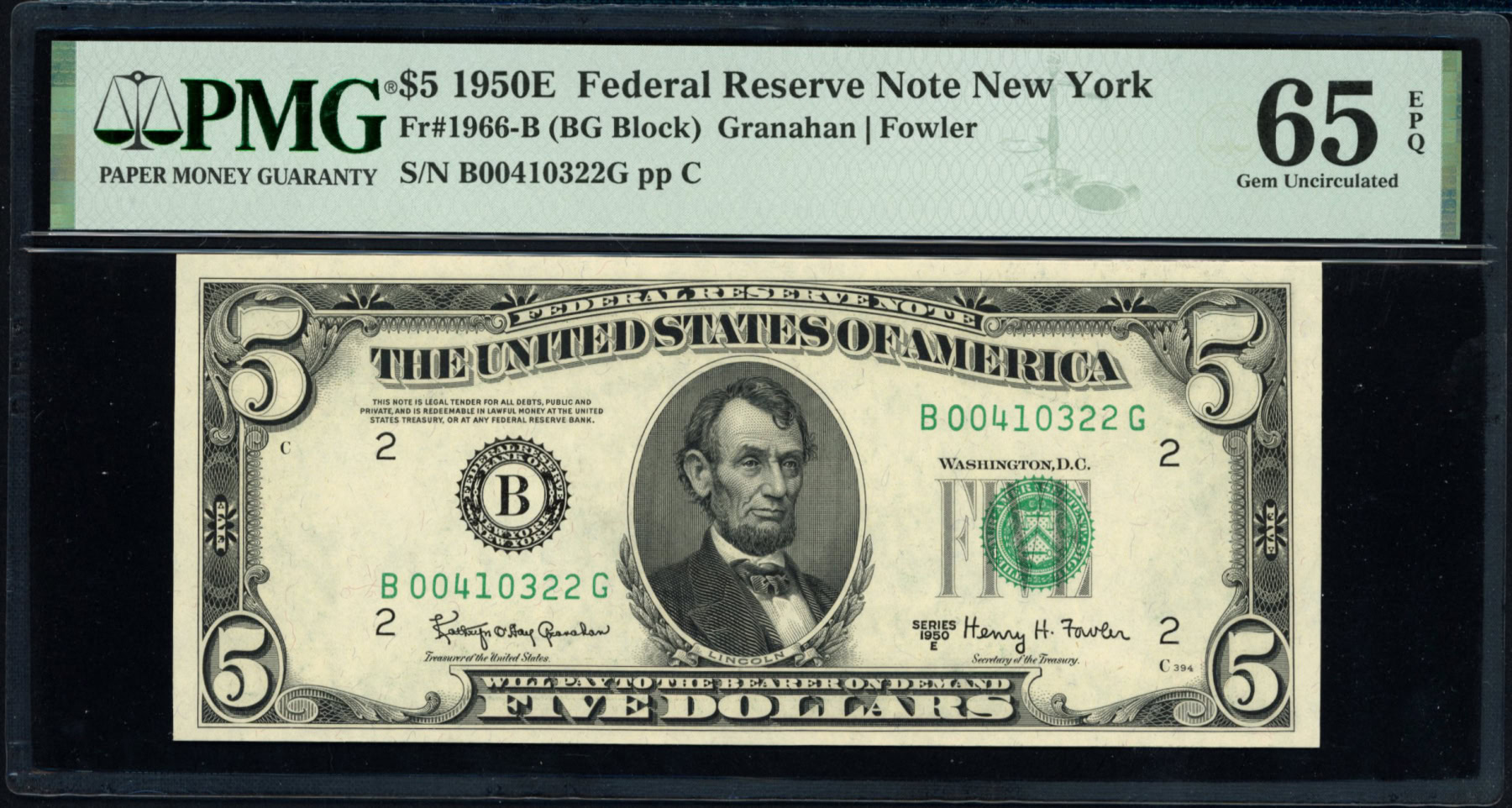 Fr. 1966-B (BG Block) 1950E $5 New York Federal Reserve Note Granahan ...