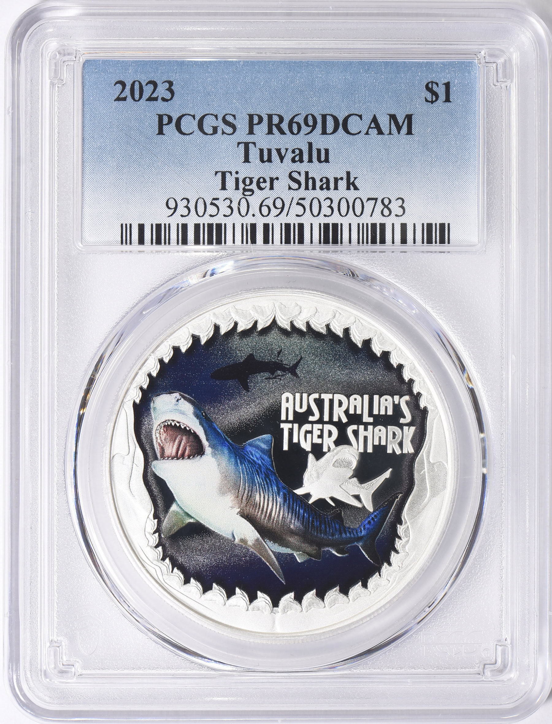 Tuvalu 2023 Silver Dollar Tiger Shark PCGS Proof-69 DCAM (ASW = 1.0 Oz ...