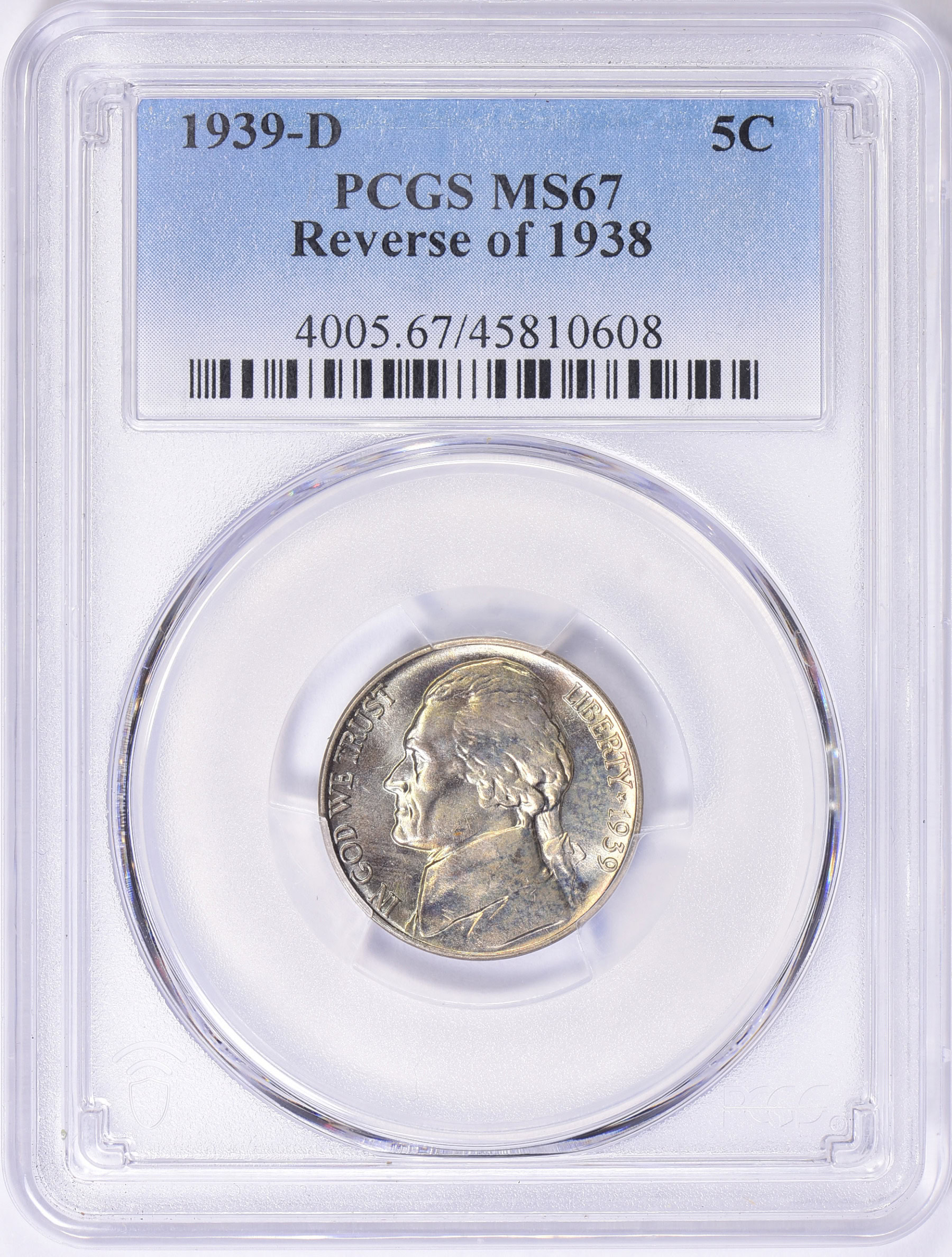 1939-D Jefferson Nickel Reverse of 1938 PCGS MS-67 (Toned) (Item 1617935) | GreatCollections ...