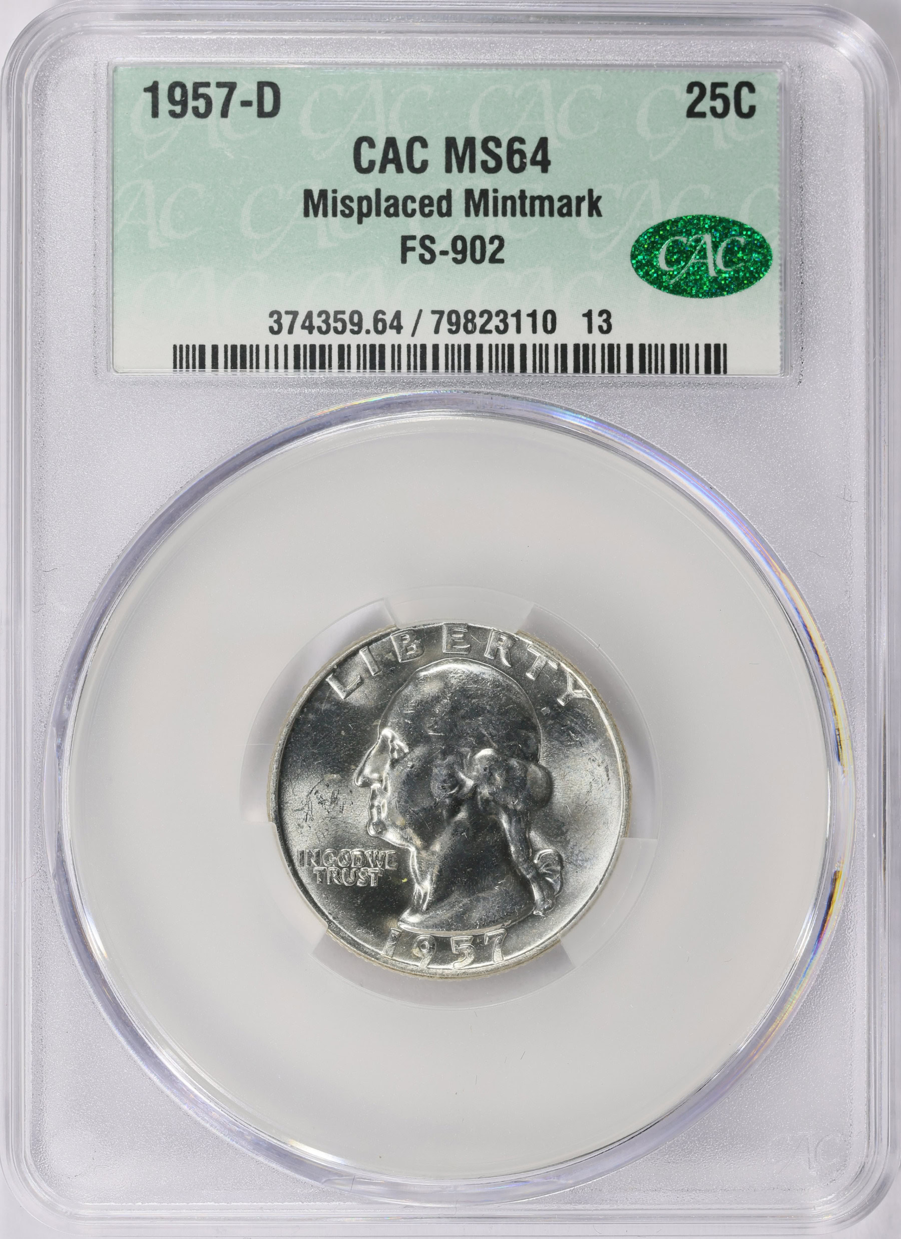 1957-D Washington Quarter Misplaced Mintmark FS-501 CACG MS-64 (Item 1618318) | GreatCollections ...