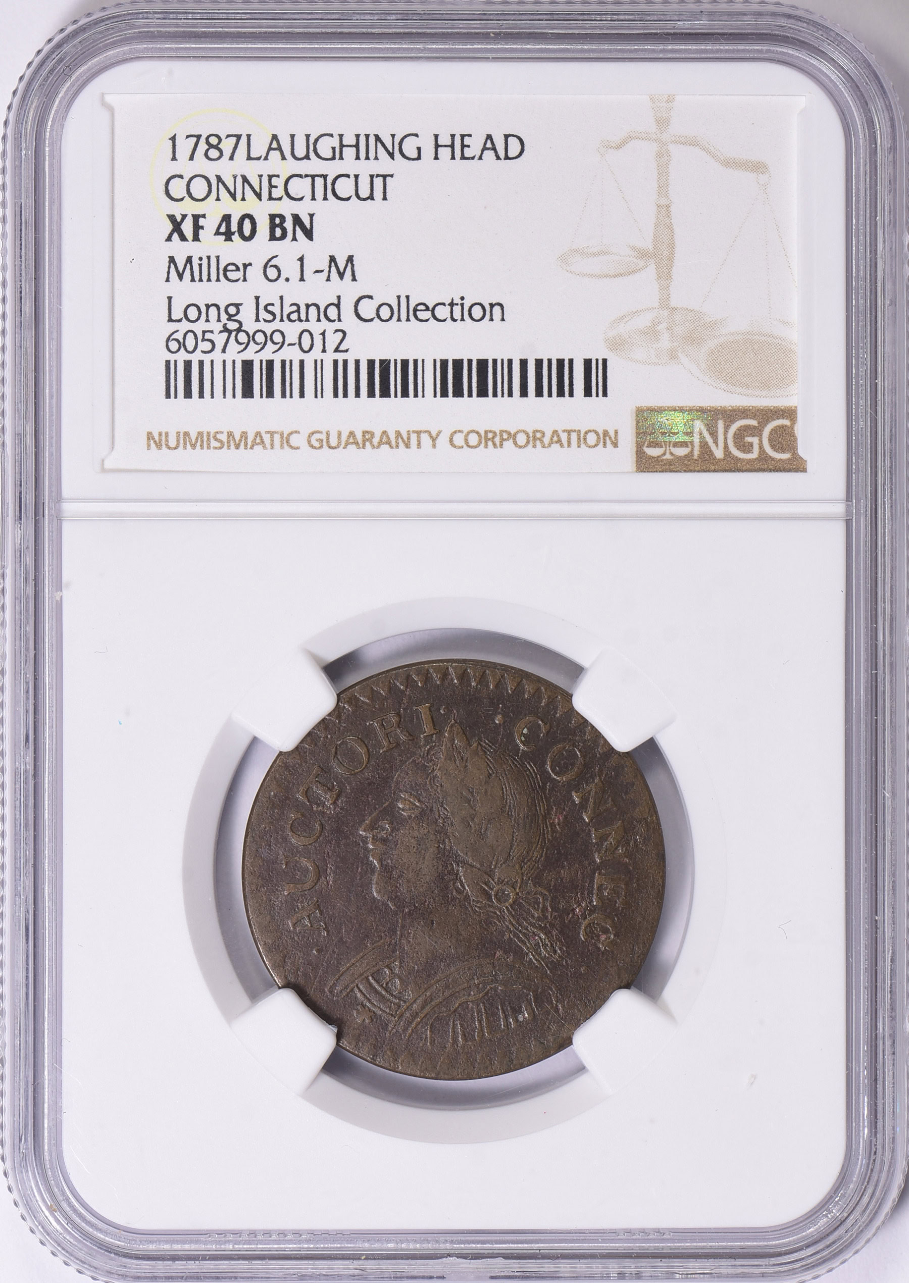 1787 Connecticut Copper Laughing Head, Miller 6.1-M NGC XF-40 (Ex: Long ...