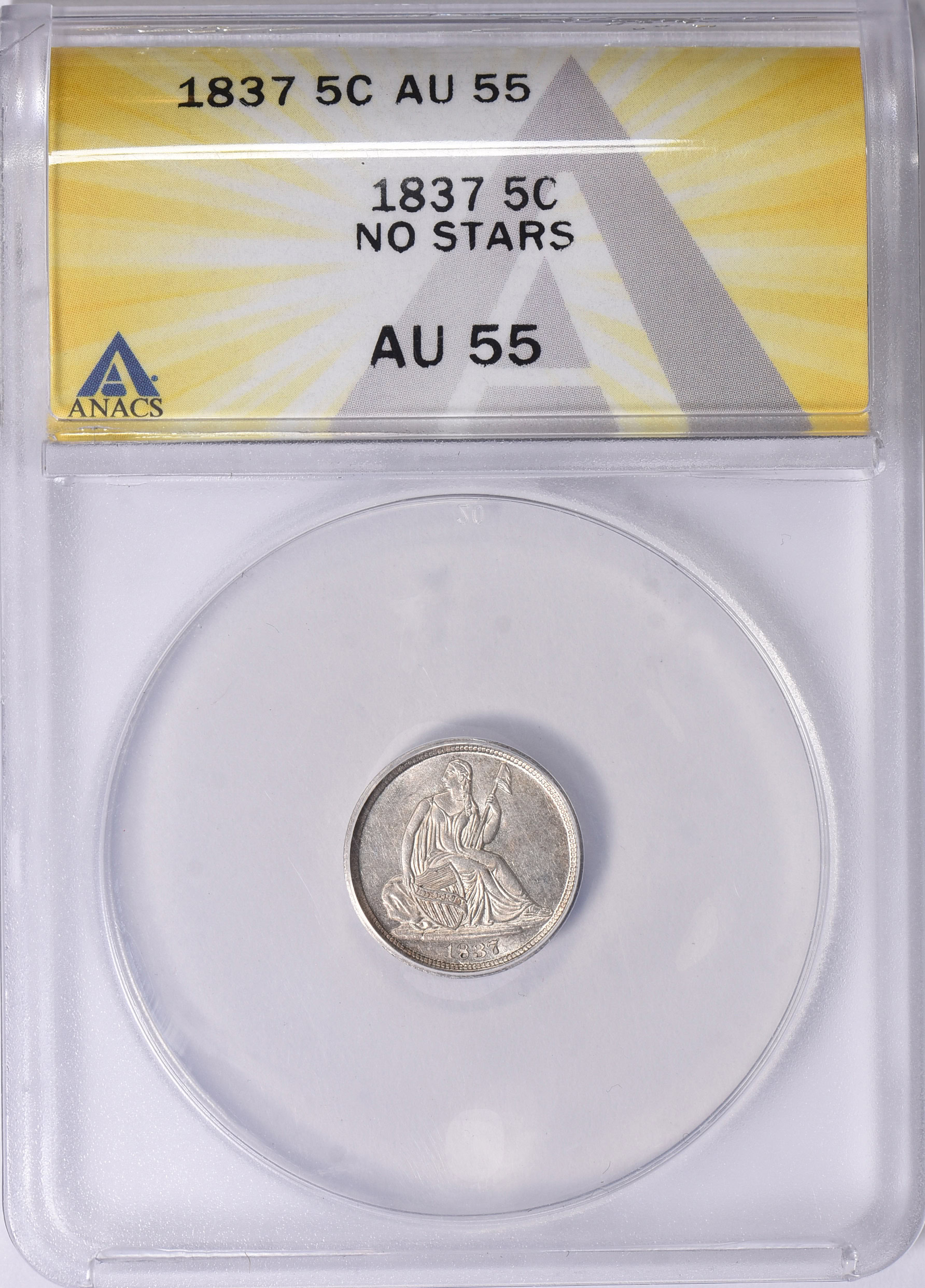 1837 Seated Liberty Half Dime No Stars, Large Date ANACS AU-55 (Item ...