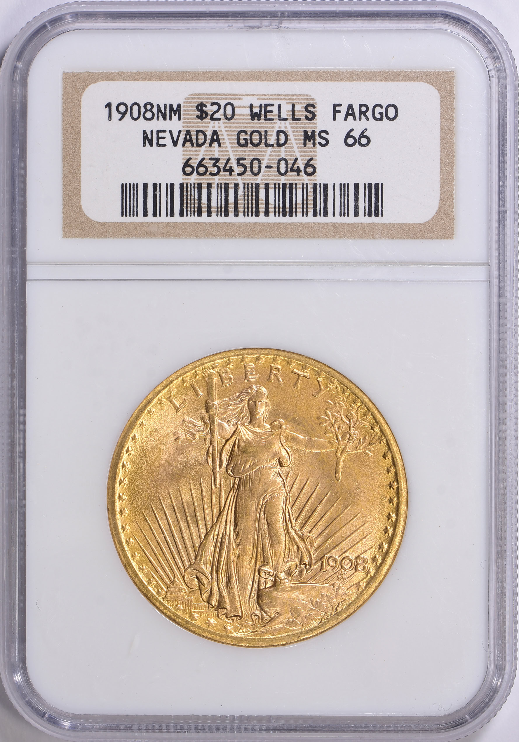 1908 Saint-Gaudens Gold Double Eagle No Motto Wells Fargo Nevada Gold ...