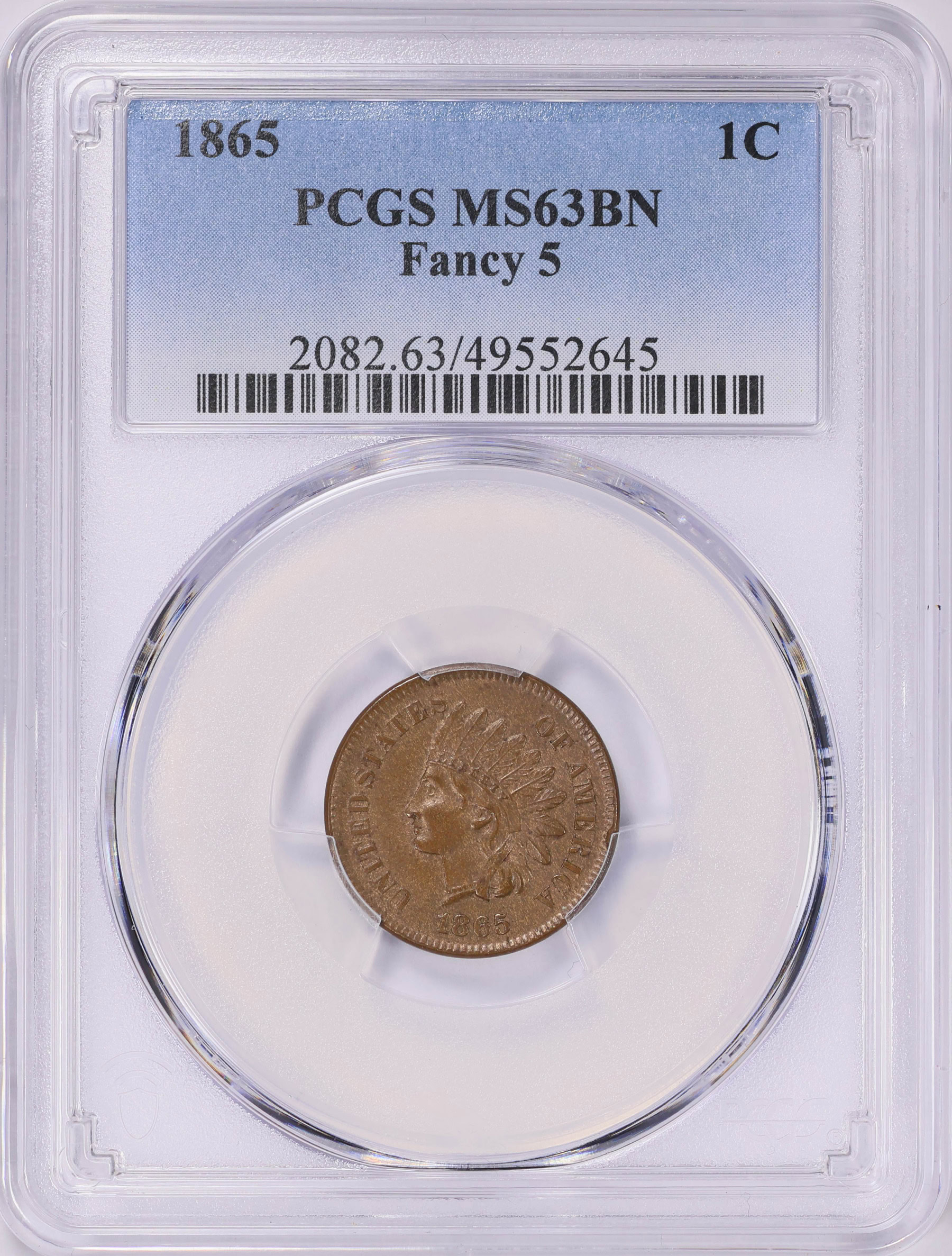1865 Indian Cent Fancy 5 PCGS MS-63 BN (Item 1619452) | GreatCollections Coin Auctions