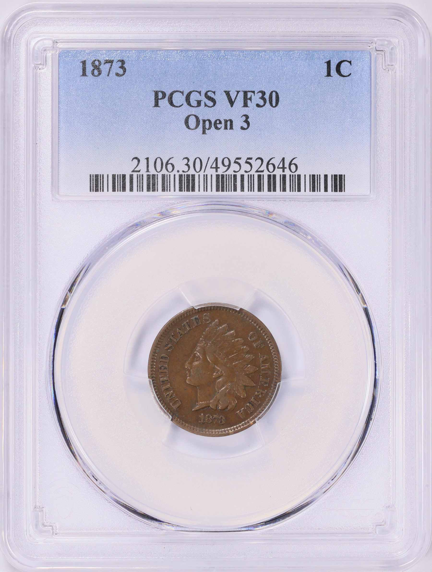 1873 Indian Cent Open 3 PCGS VF-30 BN (Item 1619453) | GreatCollections Coin Auctions
