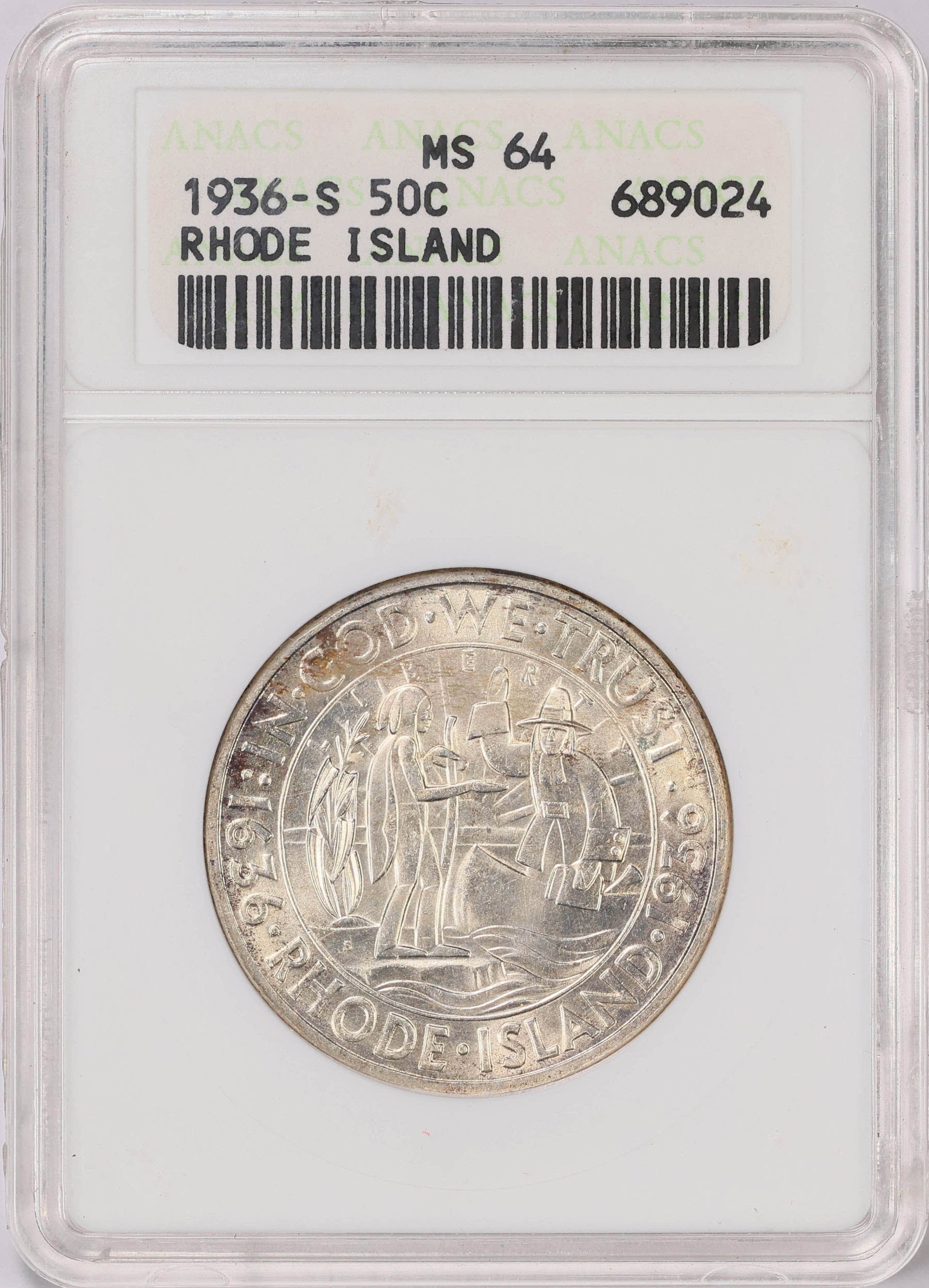 1936-S Providence, Rhode Island Tercentenary Half Dollar ANACS MS-64 OH ...