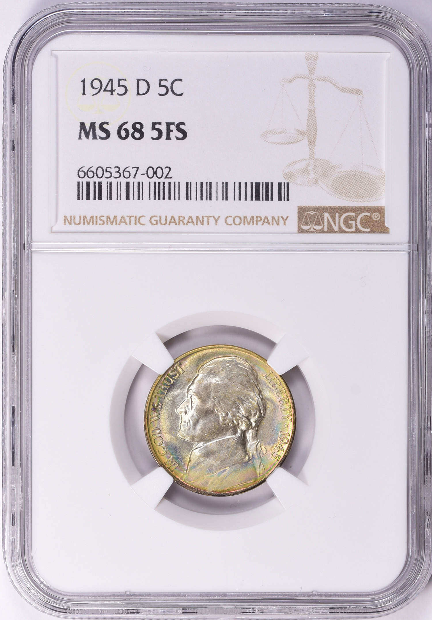 1945-D Jefferson Nickel NGC MS-68 5FS (Toned) (Item 1620944) | GreatCollections Coin Auctions